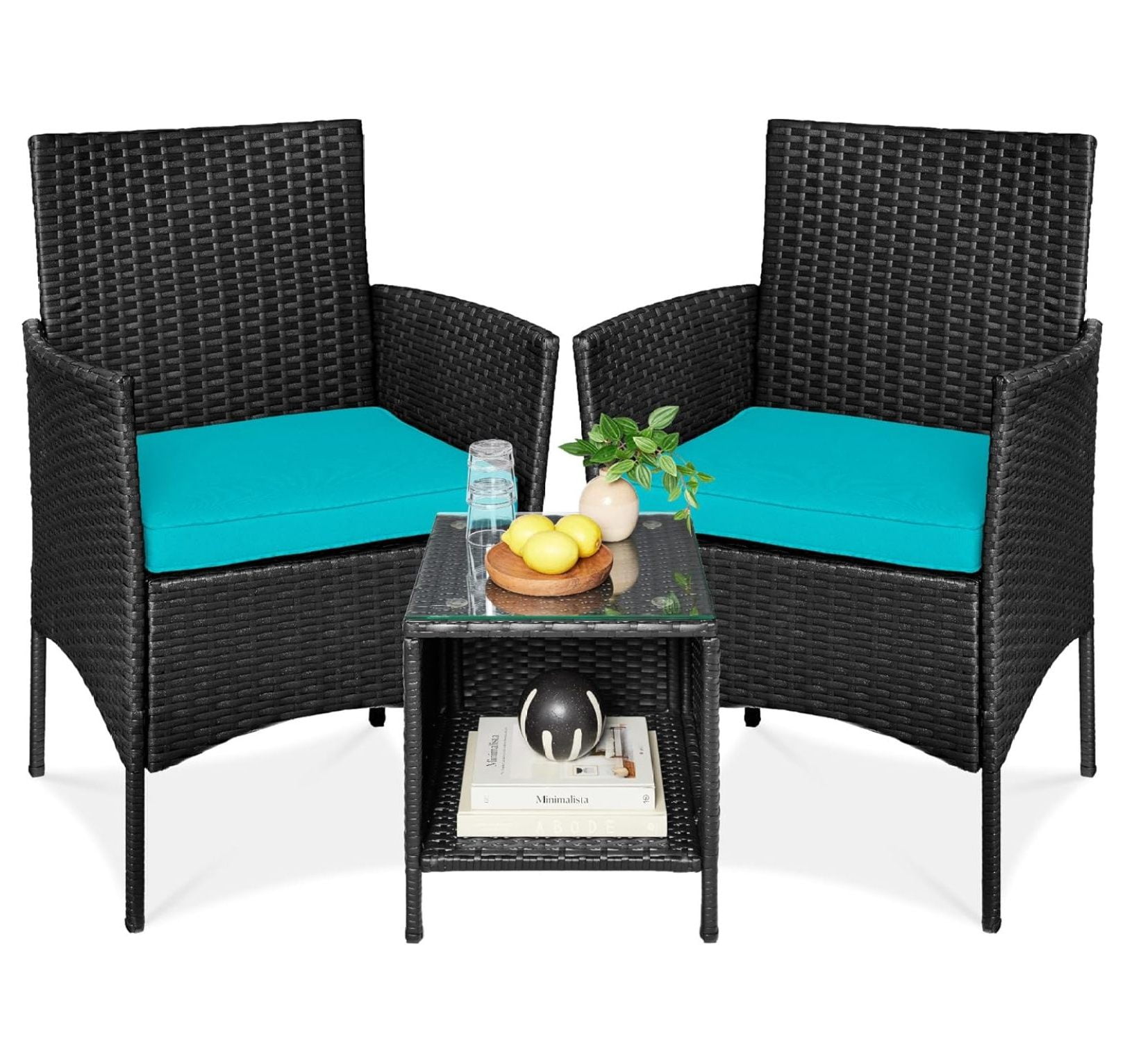 3-Piece Outdoor Wicker Conversation Bistro Set, Space Saving Patio Furniture for Garden w/Side ...