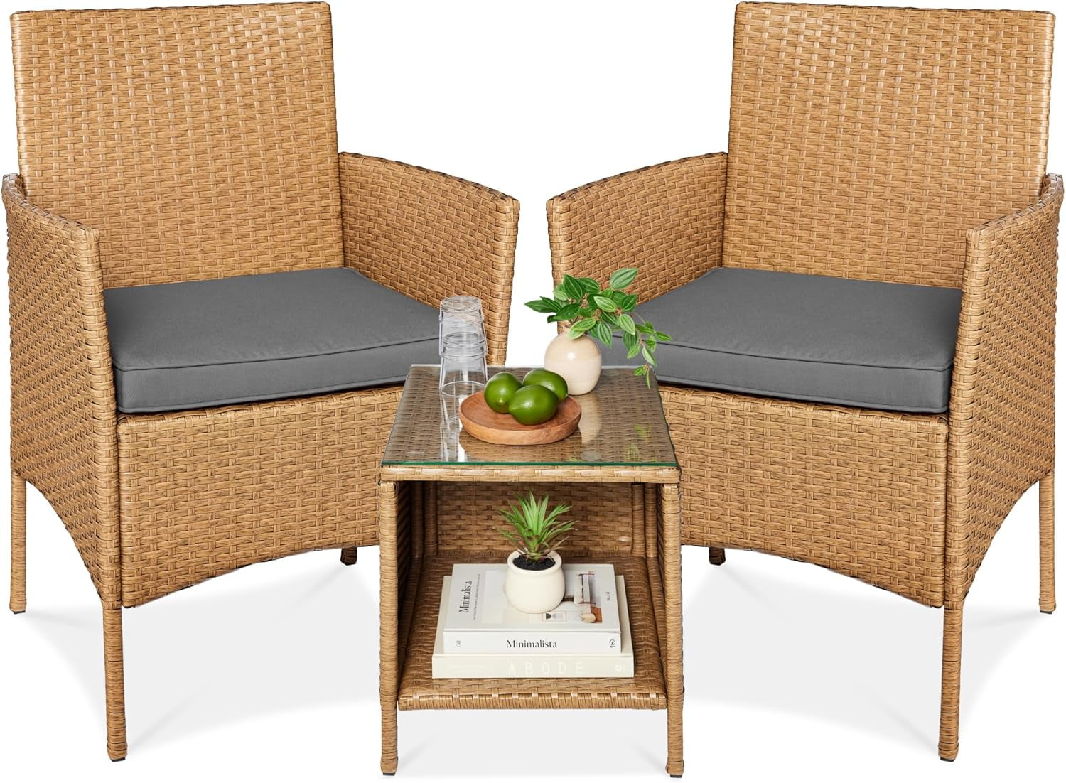 3-Piece Outdoor Wicker Conversation Bistro Set, Space Saving Patio Furniture for Garden w/Side ...