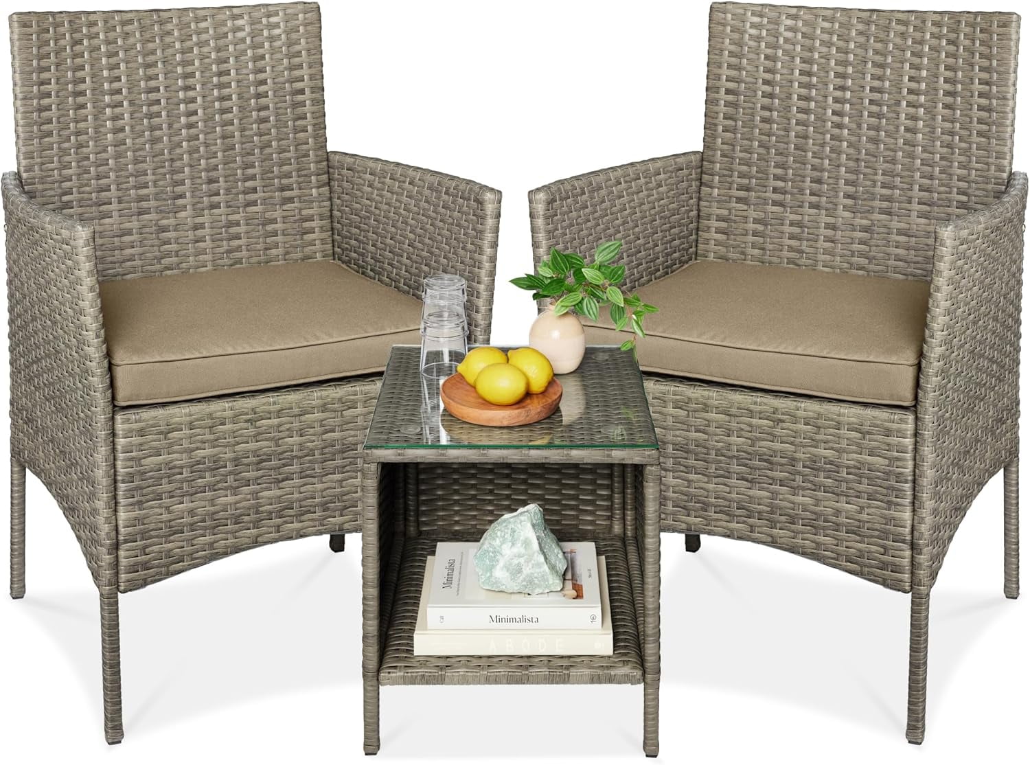 3-Piece Outdoor Wicker Conversation Bistro Set, Space Saving Patio Furniture for Garden w/Side ...