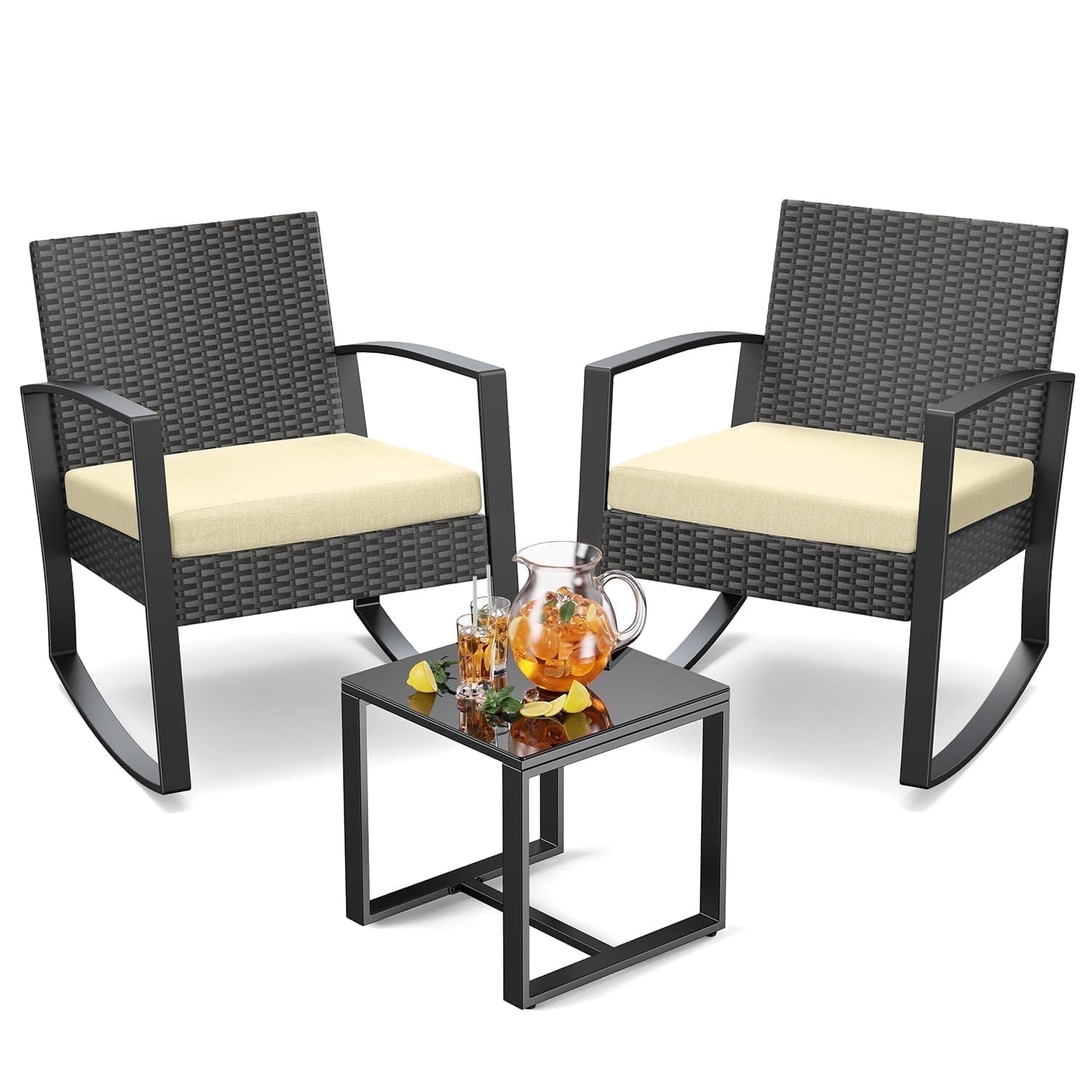 Noelse 3 Piece Outdoor Wicker Rocking Bistro Set with Glass Coffee ...