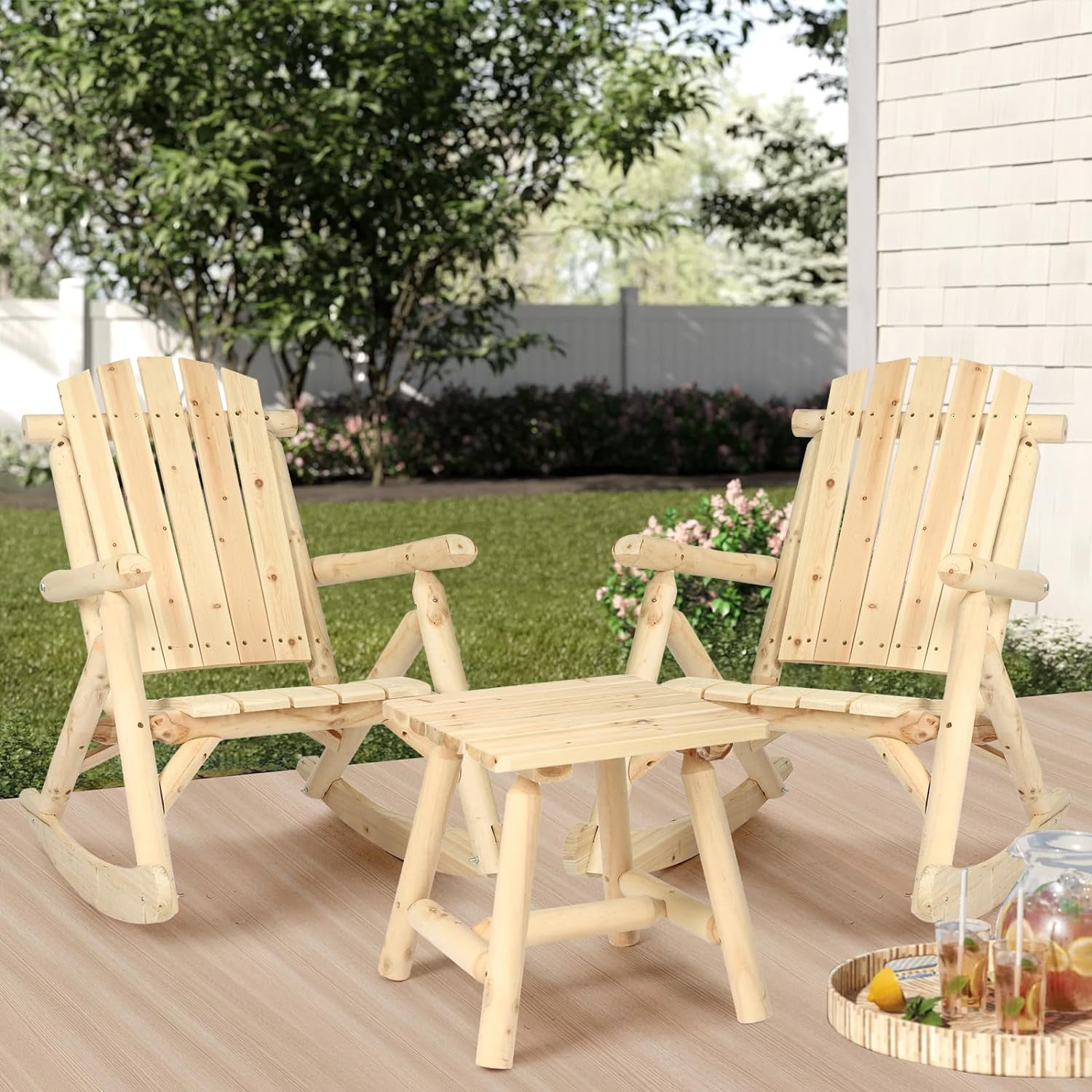 3-Piece Outdoor Wood Rocking Bistro Set, Adirondack Rocker Chair Set ...