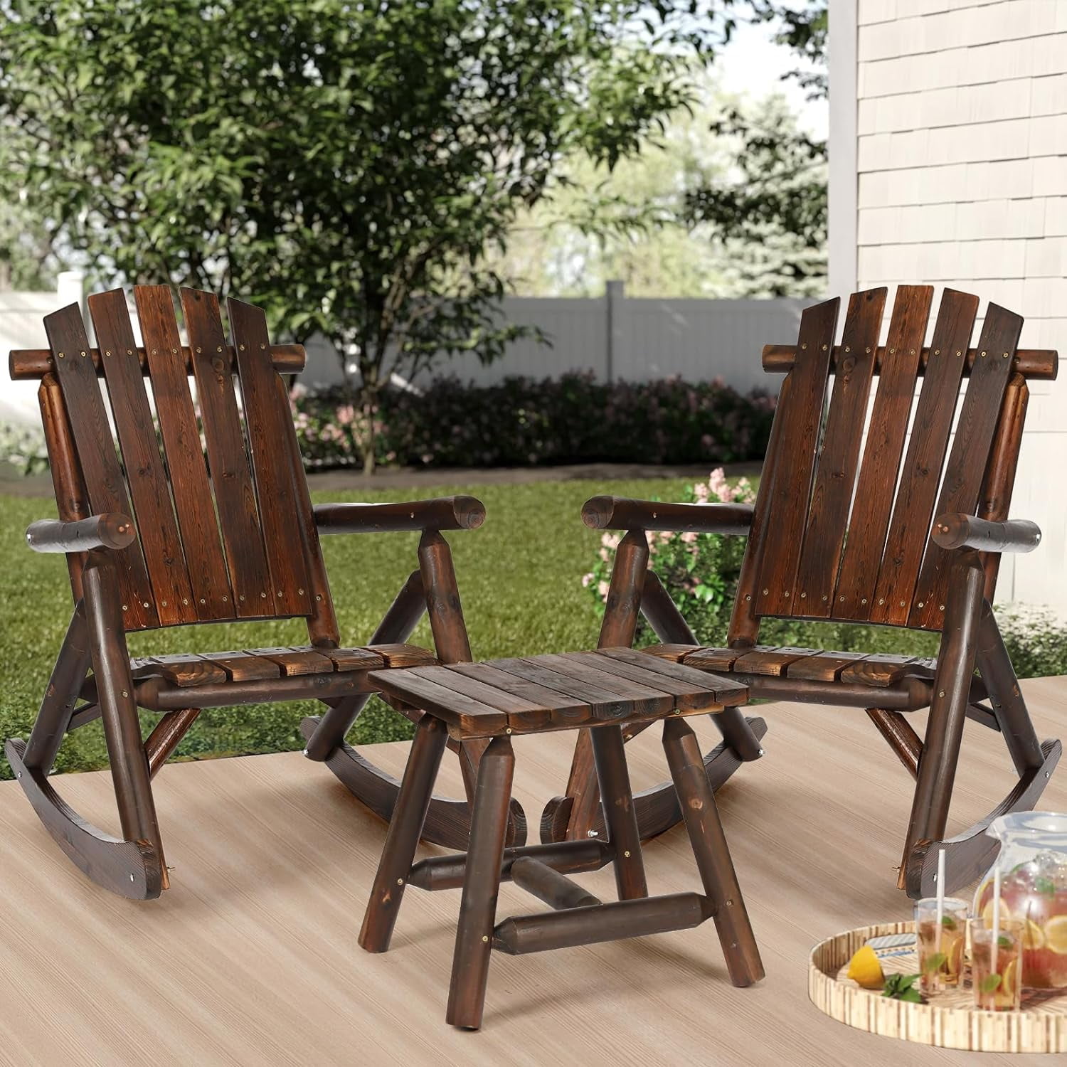 3-Piece Outdoor Wood Rocking Bistro Set, Adirondack Rocker Chair Set ...