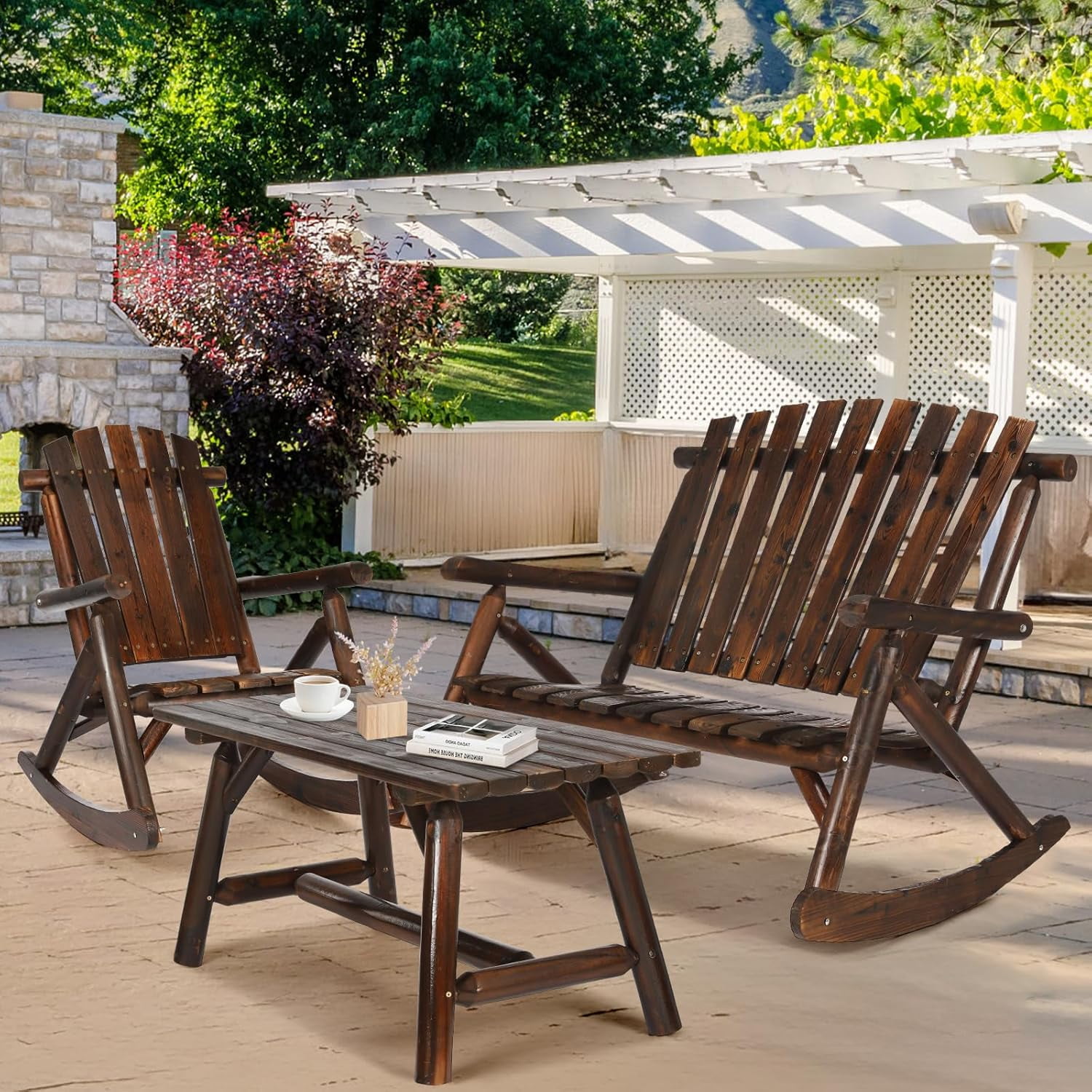 3-Piece Outdoor Wood Rocking Bistro Set, Adirondack Rocker Chair Set ...