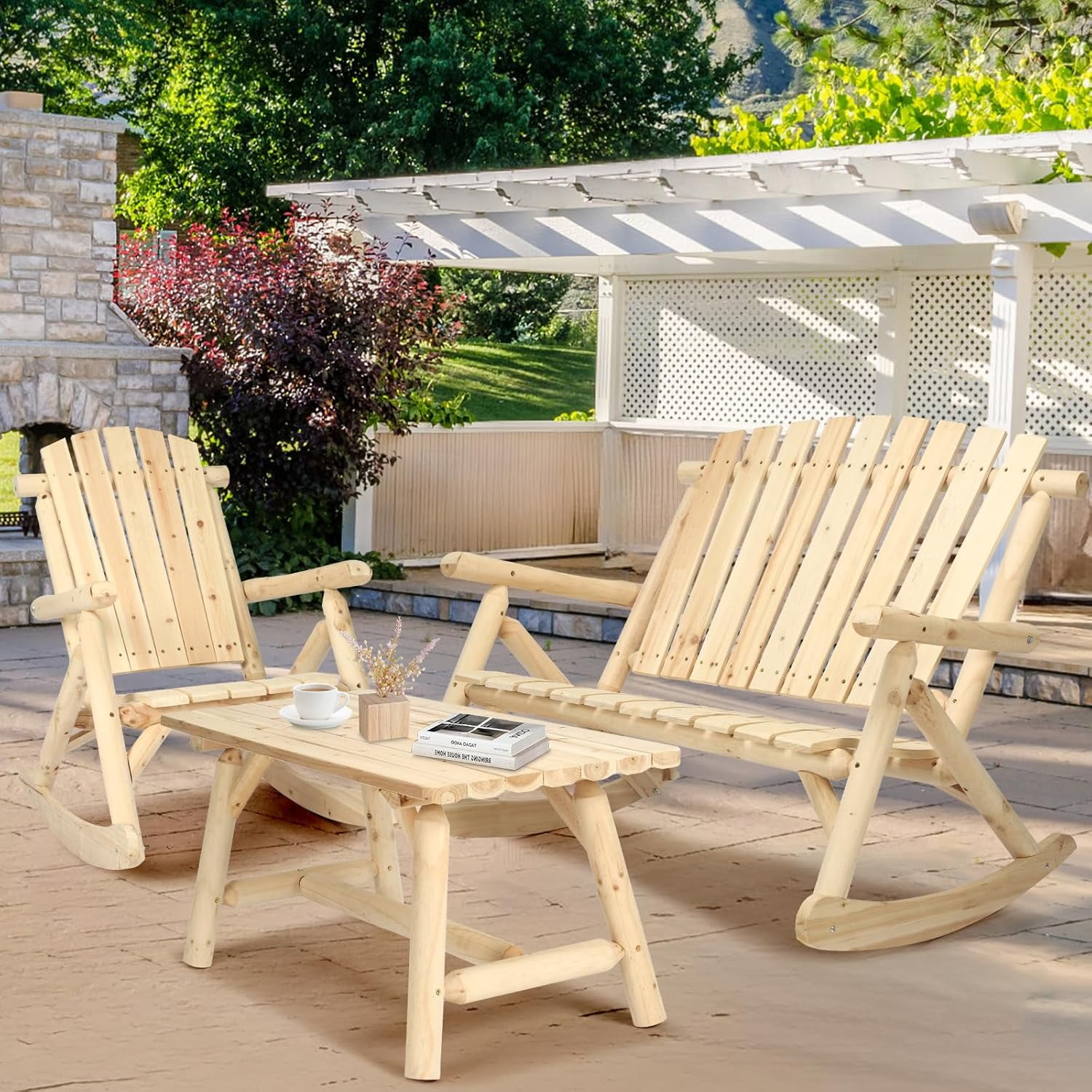 3-Piece Outdoor Wood Rocking Bistro Set, Adirondack Rocker Chair Set ...