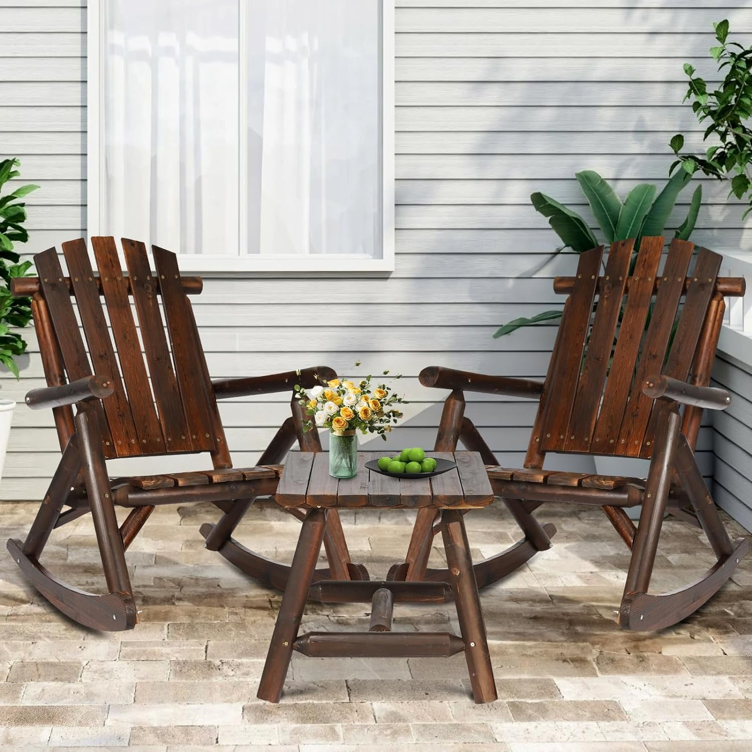 3-Piece Outdoor Wood Rocking Bistro Set, Rustic Adirondack Rocker Chair ...