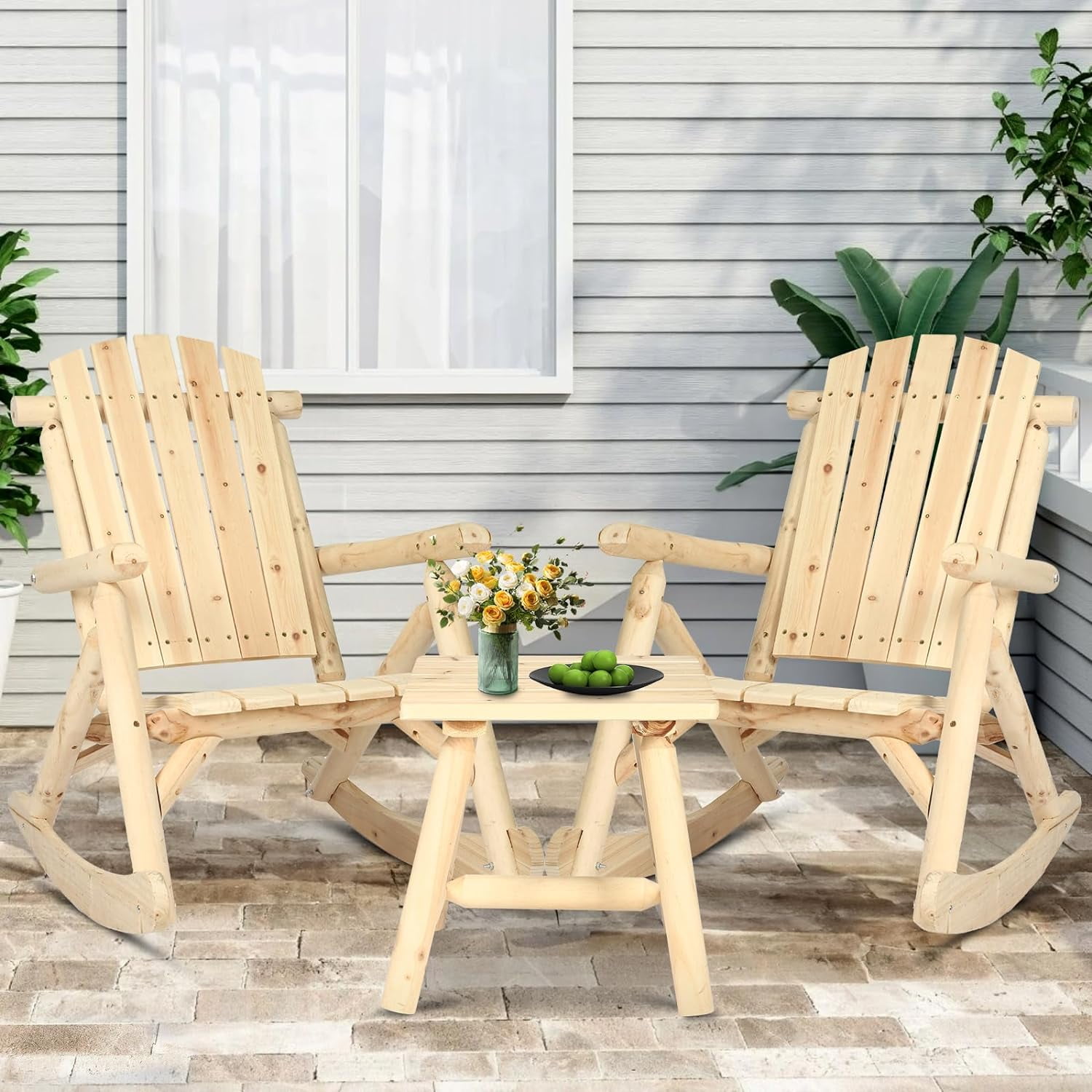 3-Piece Outdoor Wood Rocking Bistro Set, Rustic Adirondack Rocker Chair ...
