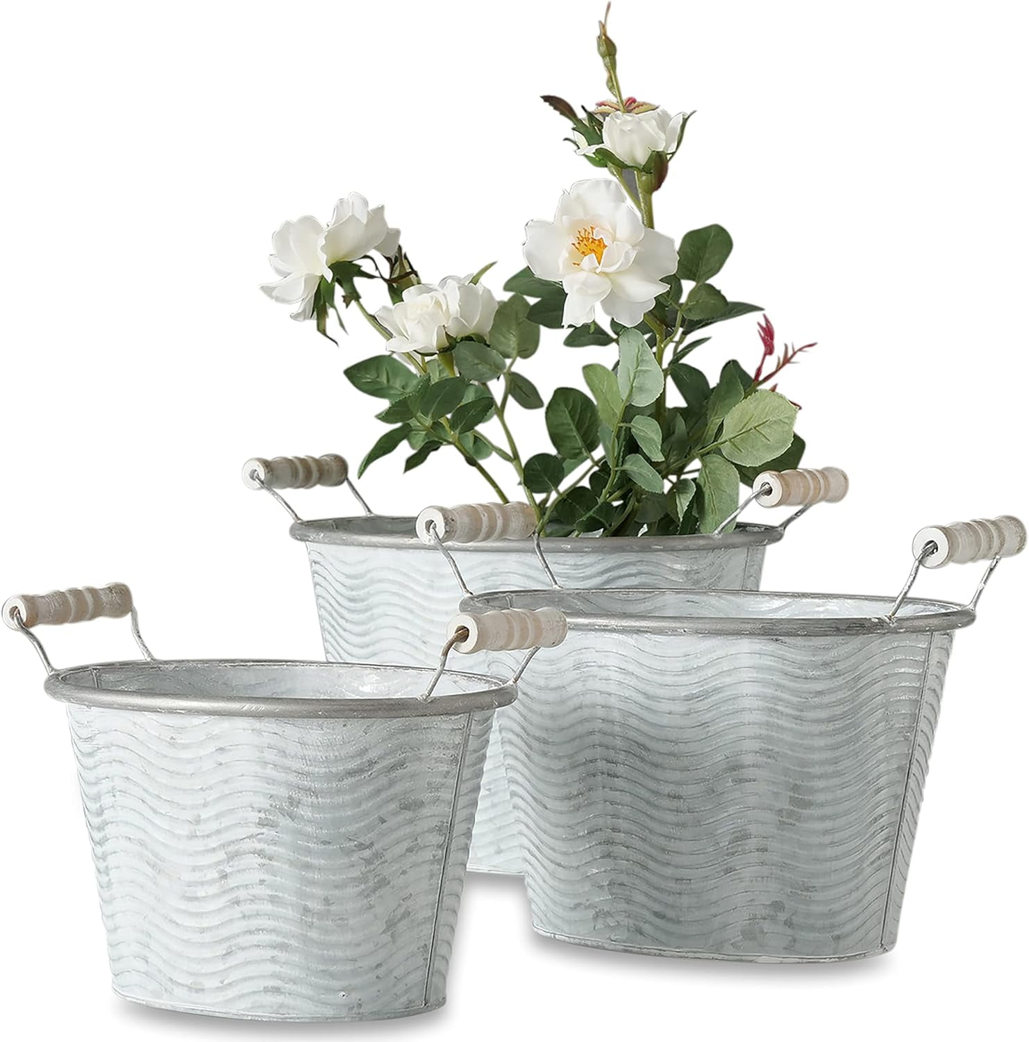 3 Piece Oval Nesting Planter Set, Corrugated Wave Pattern, White Washed ...