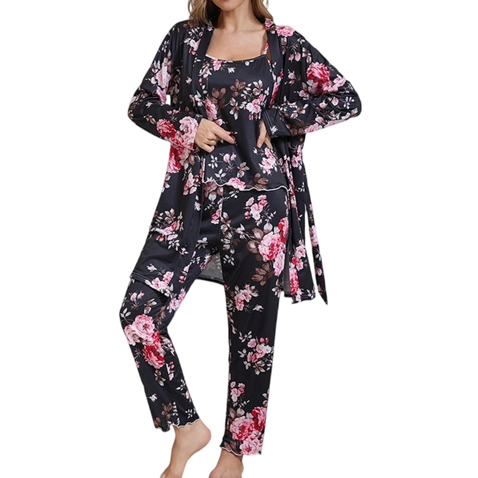 3 Piece Pajama Set for Women Long Sleeve Nightgown Long Pants Crop Top ...