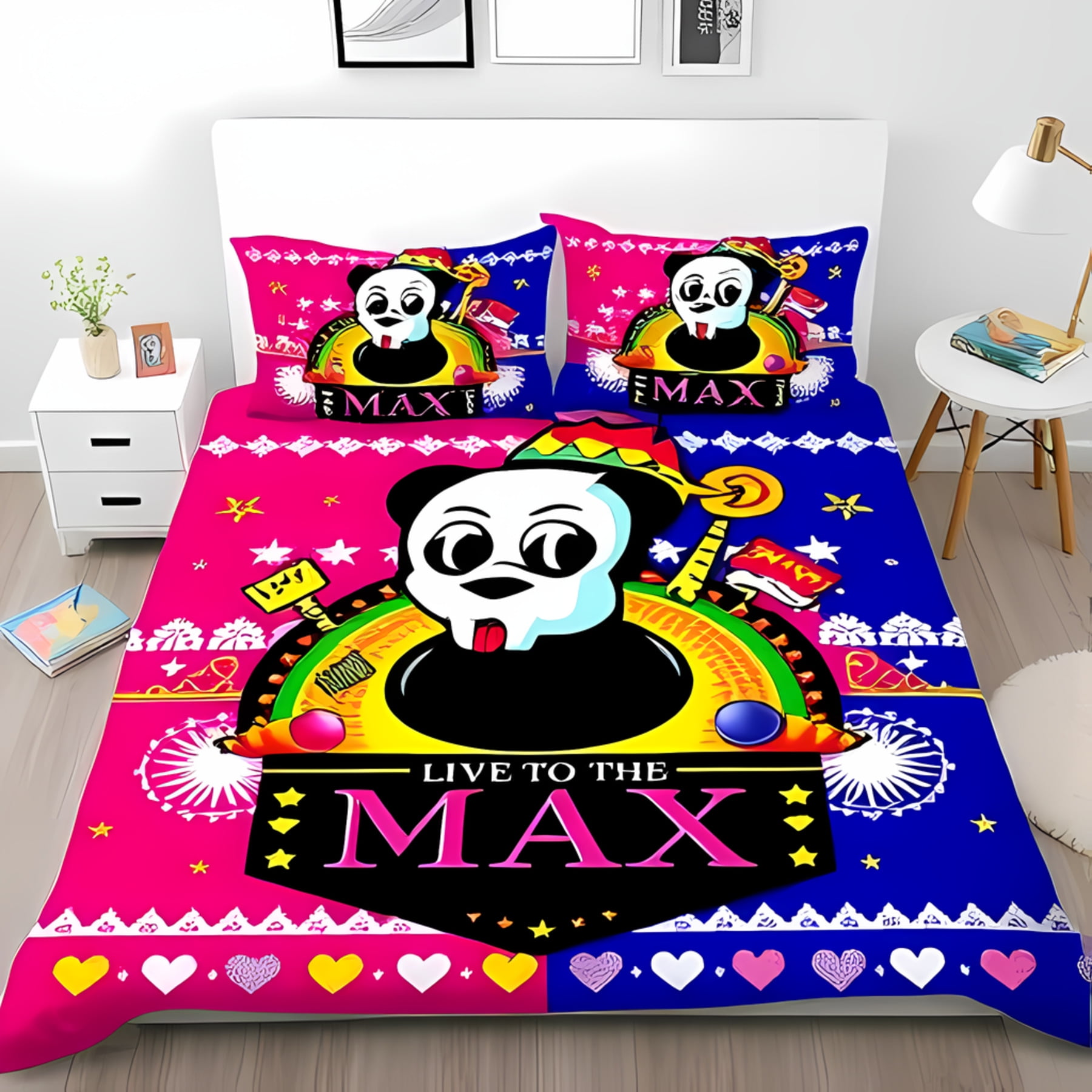 3-Piece Panda Duvet Cover Set - Colorful Playful Design with " LIVE TO ...