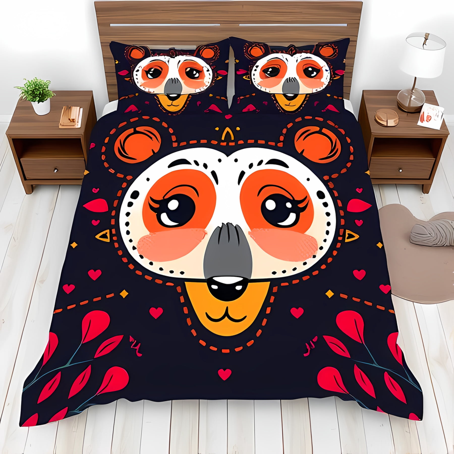 3-Piece Panda Duvet Cover Set with Pillowcases - Folk Art Design Navy ...