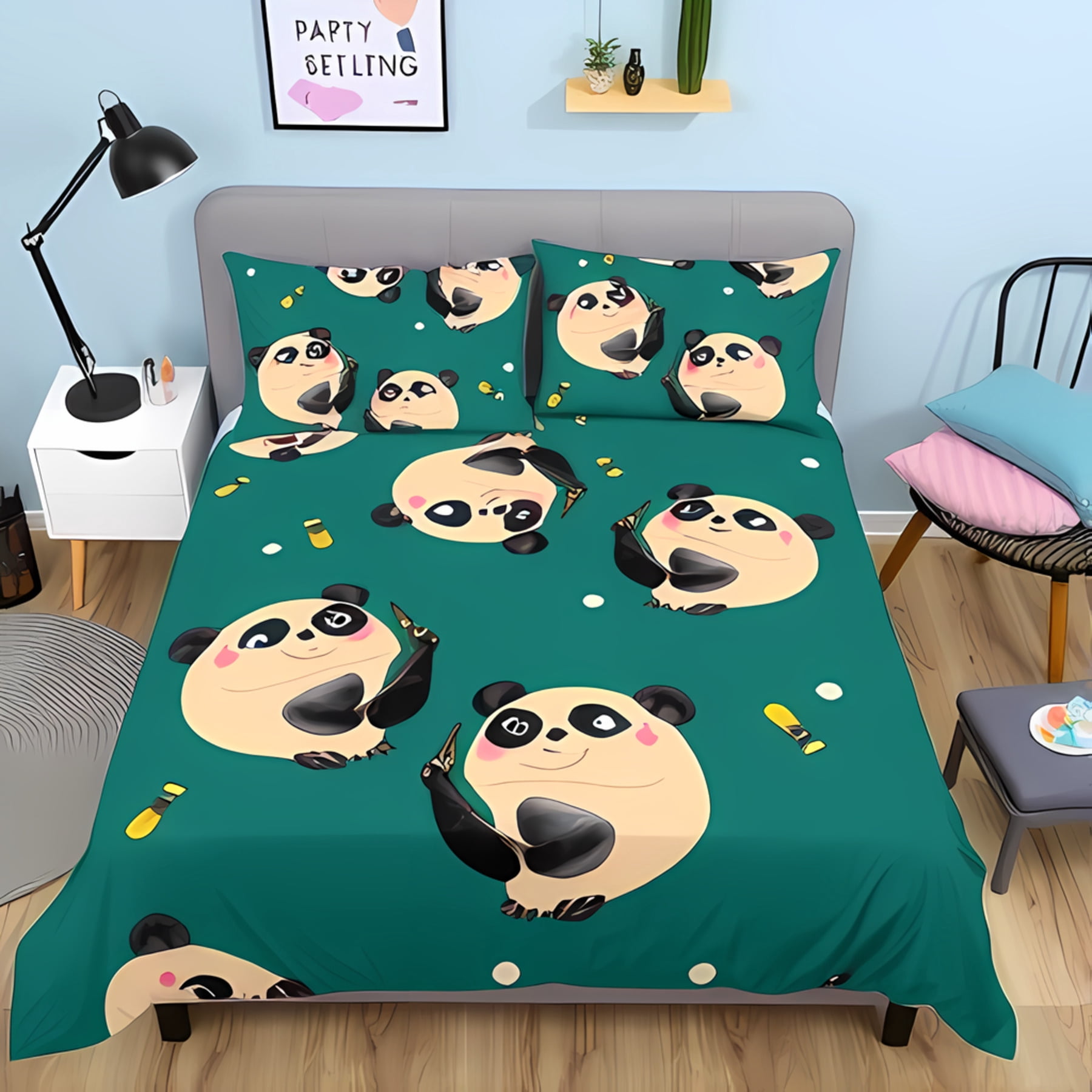 3-Piece Panda Themed Duvet Cover Set - Adorable Cartoon Pandas on Teal ...