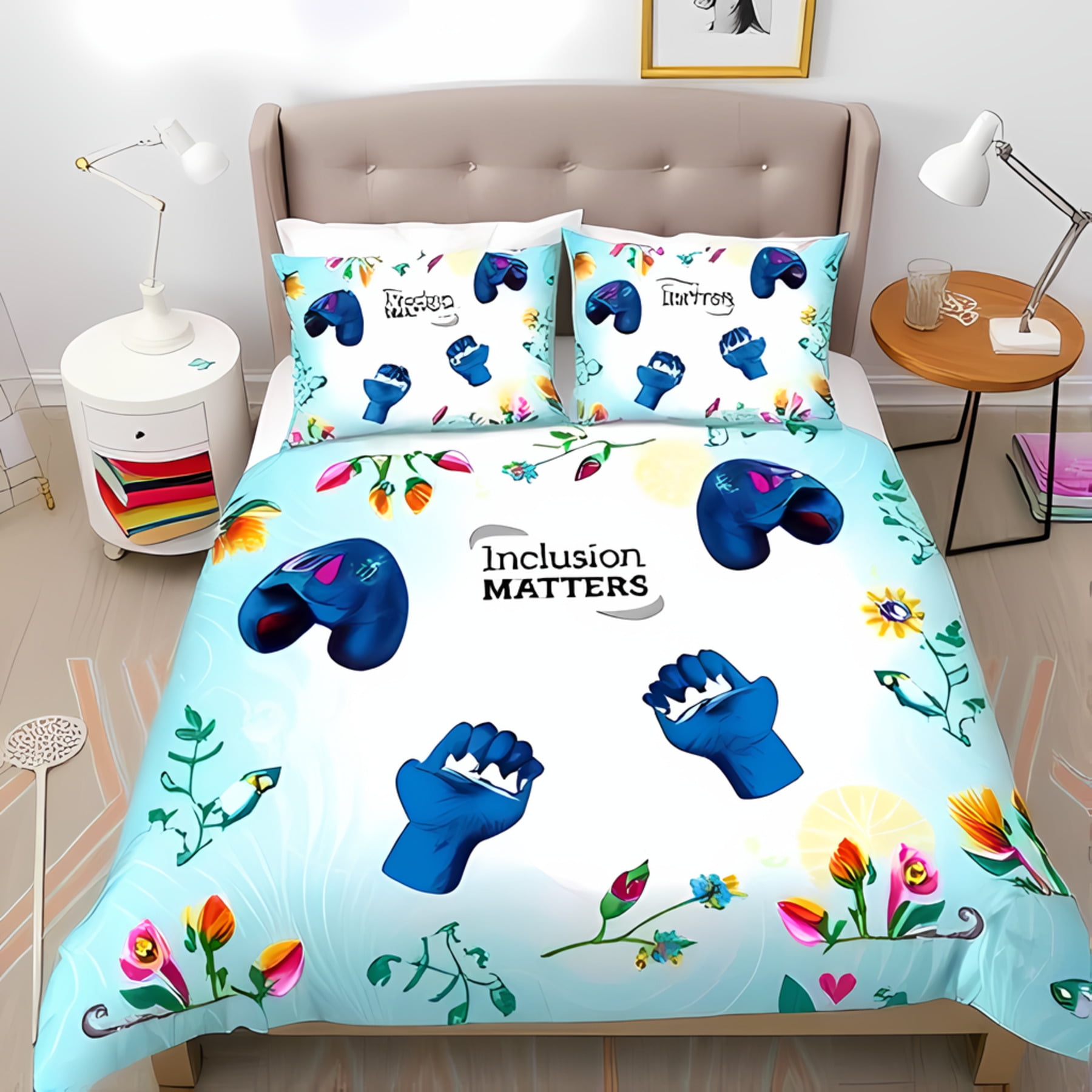 3-Piece Pastel Blue Duvet Cover Set with Empowering Raised Fists ...