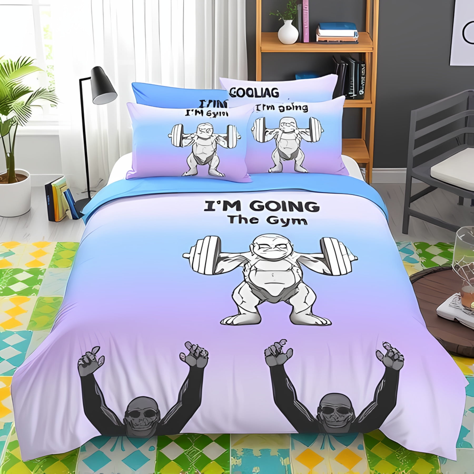 3-Piece Pastel Duvet Cover Set with Cartoon Gorilla Weightlifting ...