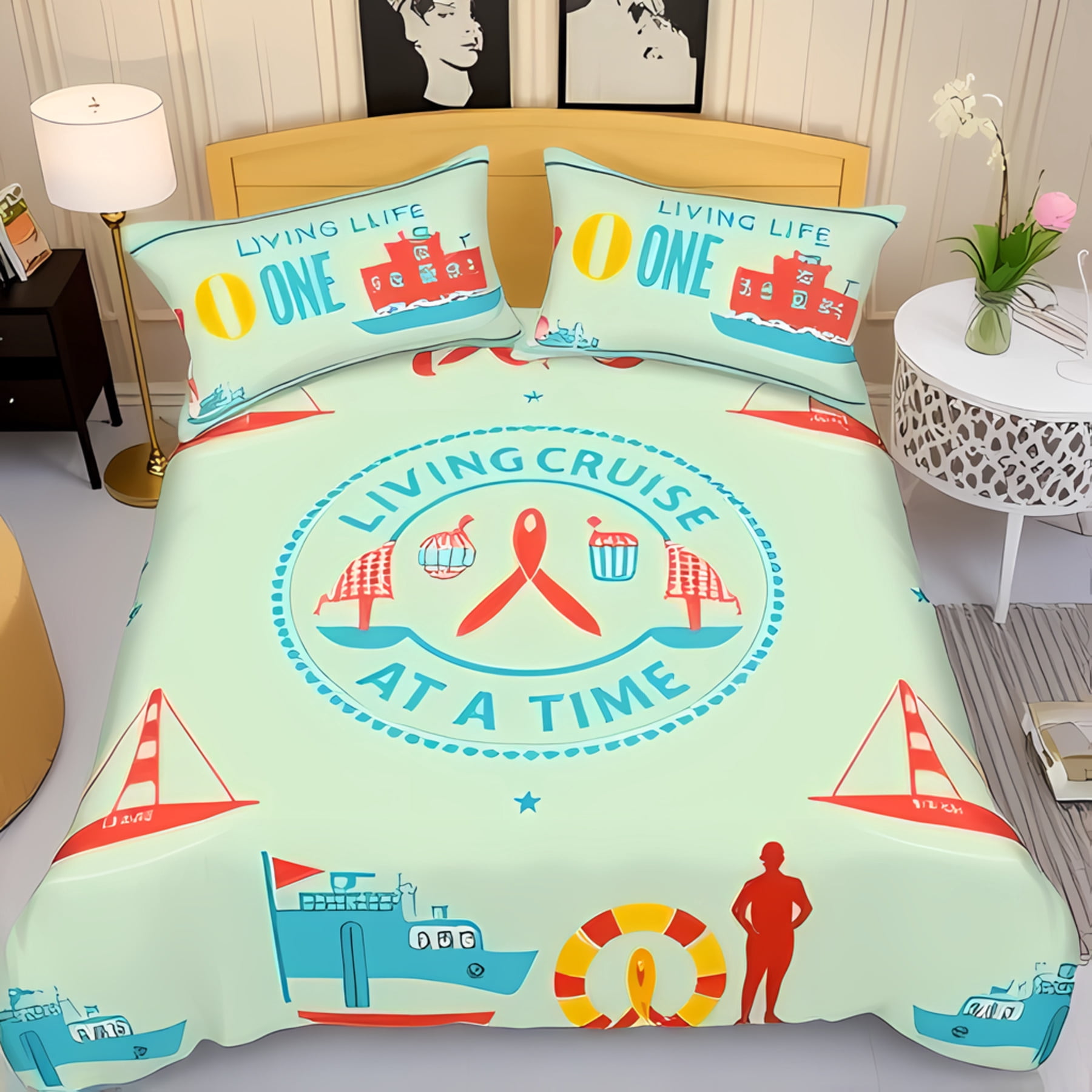 3-Piece Pastel Green Duvet Cover Set with Sailboats & Life Preserver ...