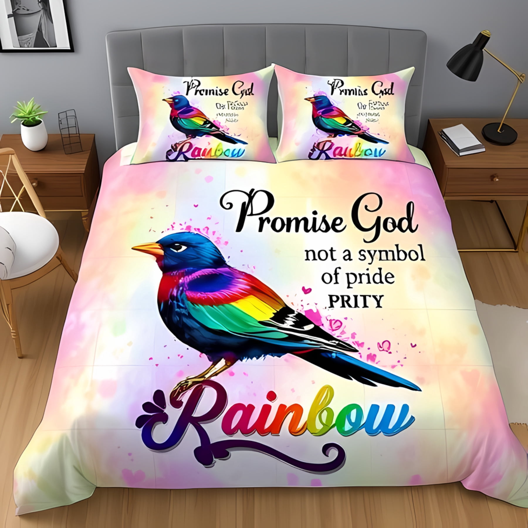 3-Piece Pastel Pink Duvet Cover Set with Colorful Rainbow Bird Motif ...
