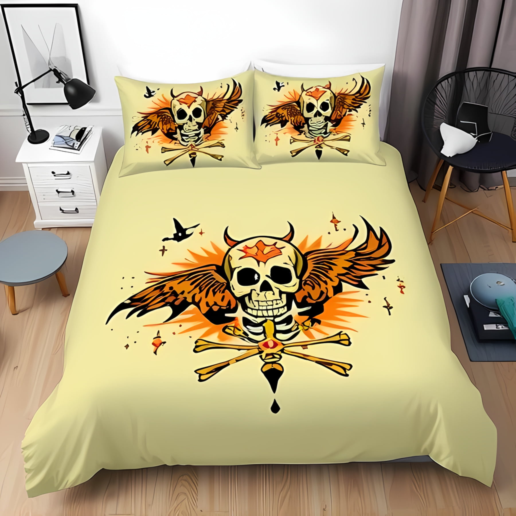 3-Piece Pastel Yellow Duvet Cover Set with Bold and Fiery Orange Wings ...