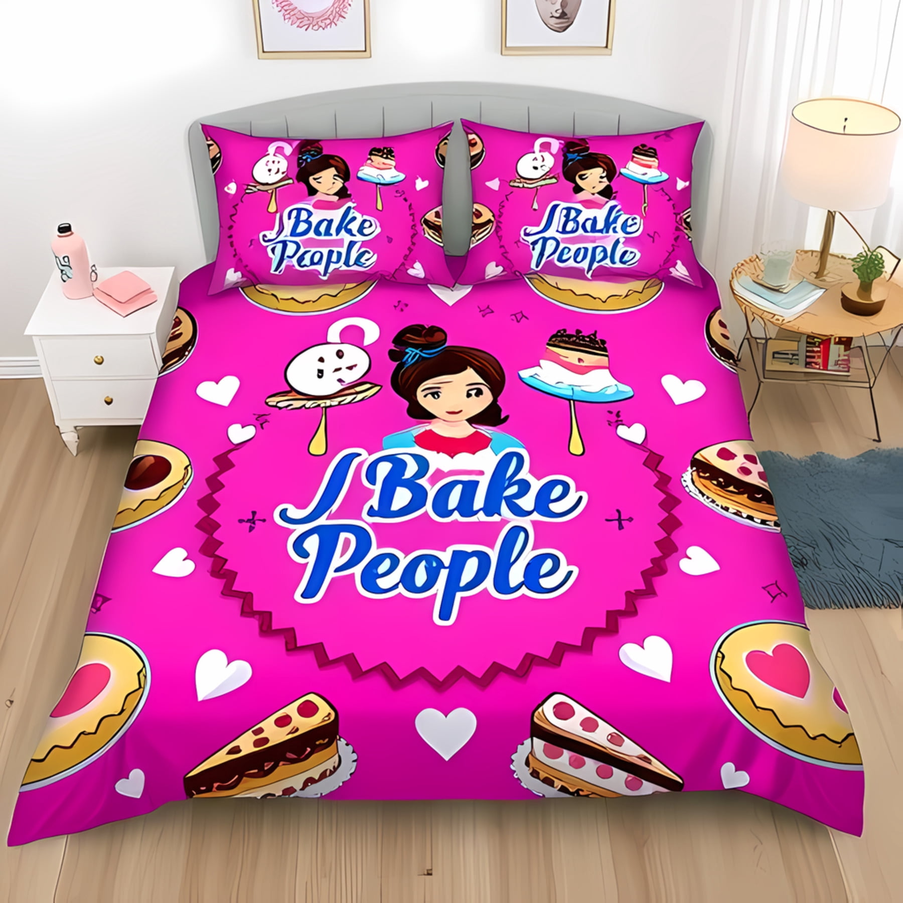 3-Piece Pastry Themed Duvet Cover Set in Cheerful Pink with " I Bake ...