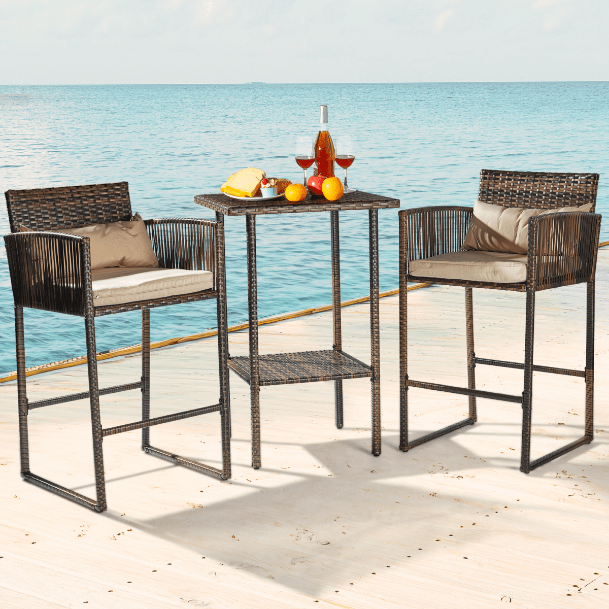 3 Piece Patio Bar Set, Outdoor Rattan Chairs Set with Table and ...