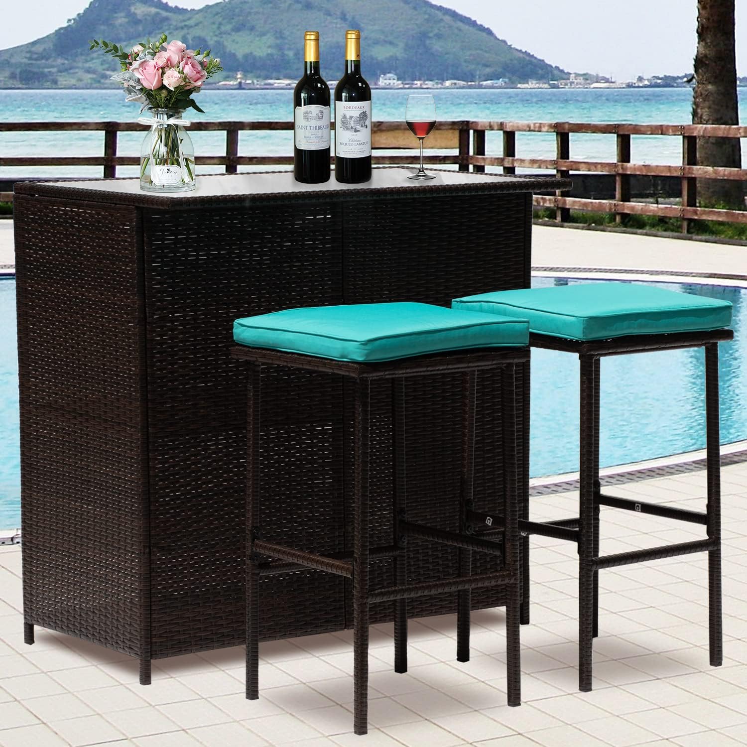 3-Piece Patio Bar Set Outdoor Wicker Bar Set All-Weather Rattan Bar ...