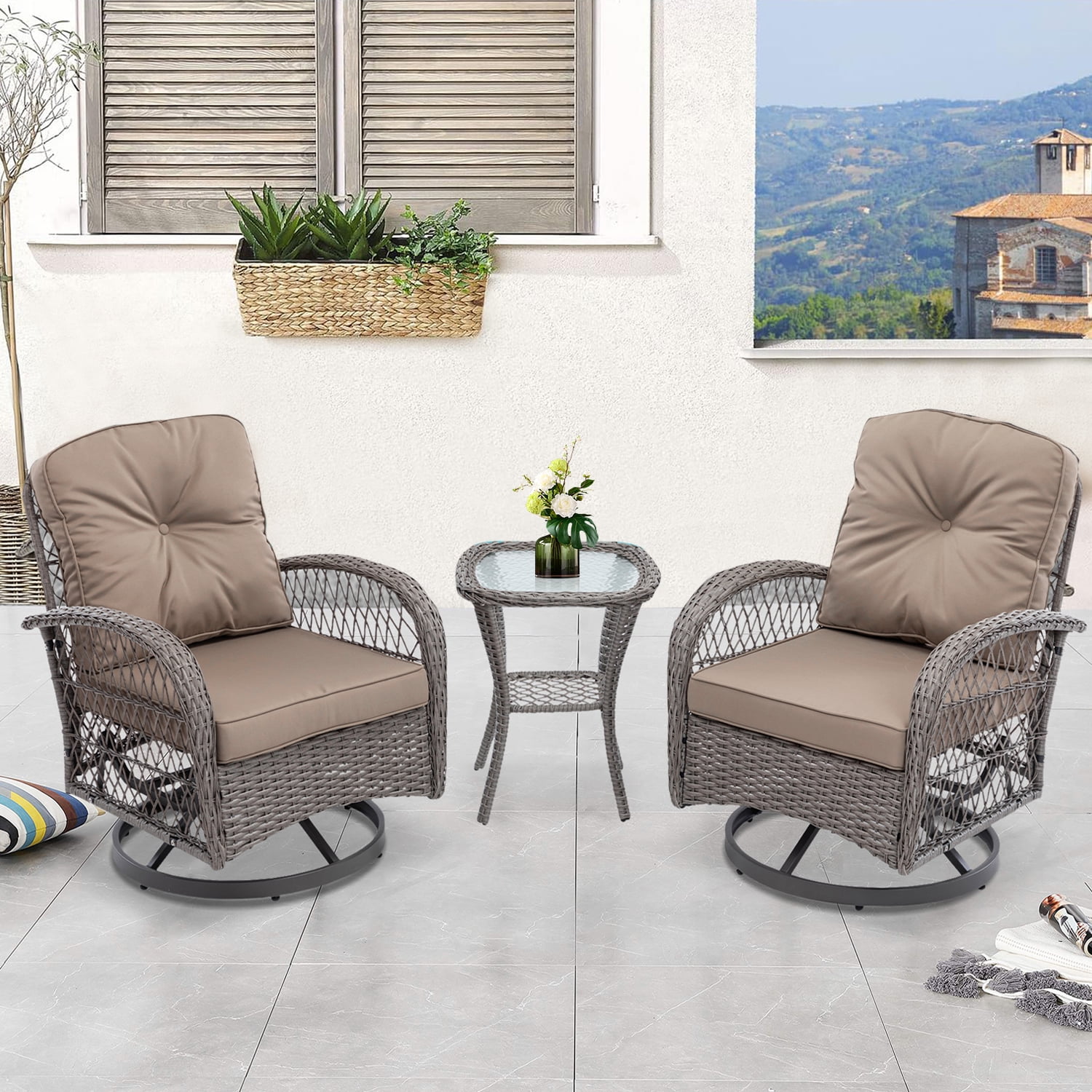 3-Piece Patio Bistro Furniture Set, 360° Patio Rattan Wicker Swivel ...