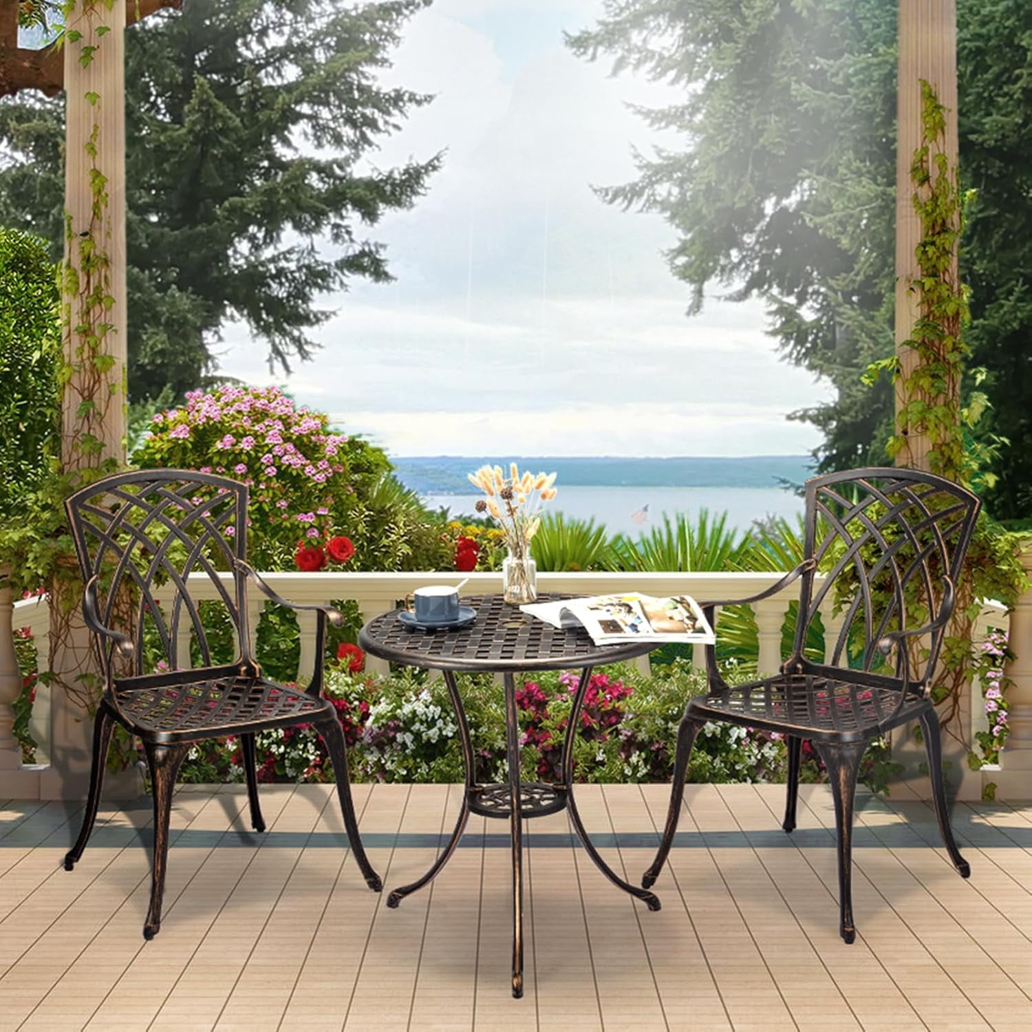 3 Piece Patio Bistro Set, Cast Aluminum Bistro Set with Umbrella Hole ...