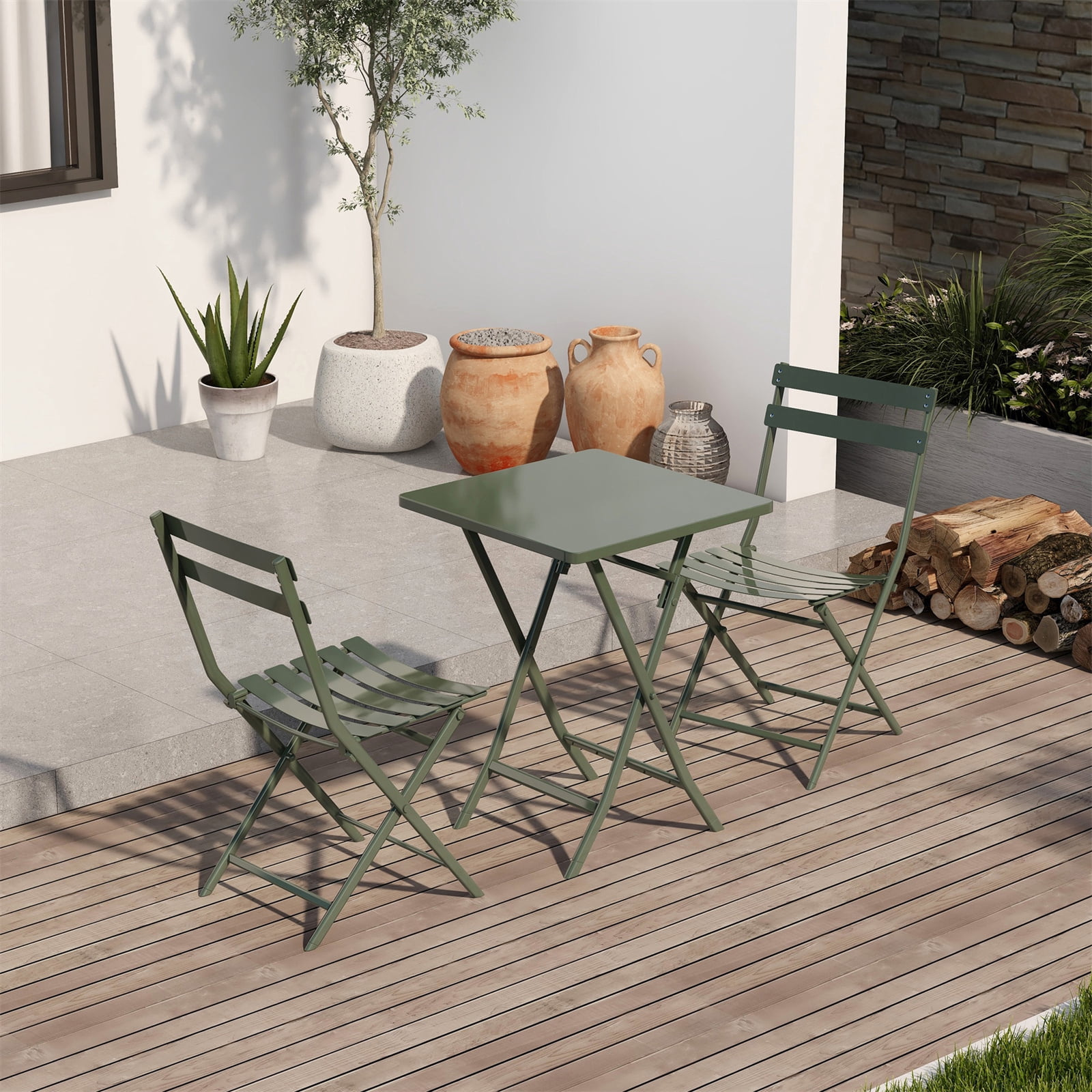 3-Piece Patio Bistro Set of Foldable Square Table and Chairs, Steel ...