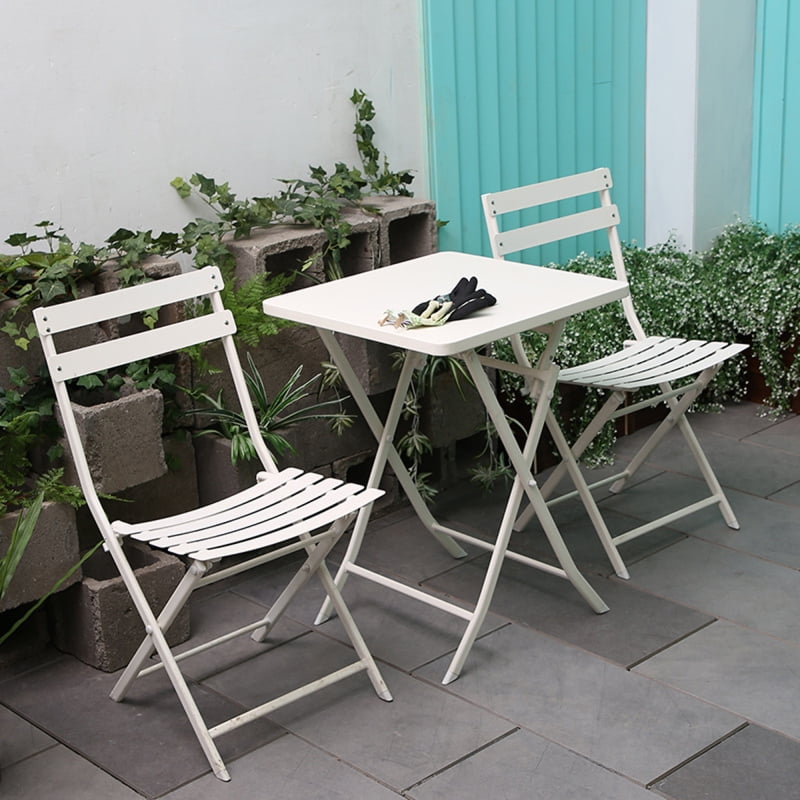 3 Piece Patio Bistro Set of Foldable Square Table and Chairs, White ...