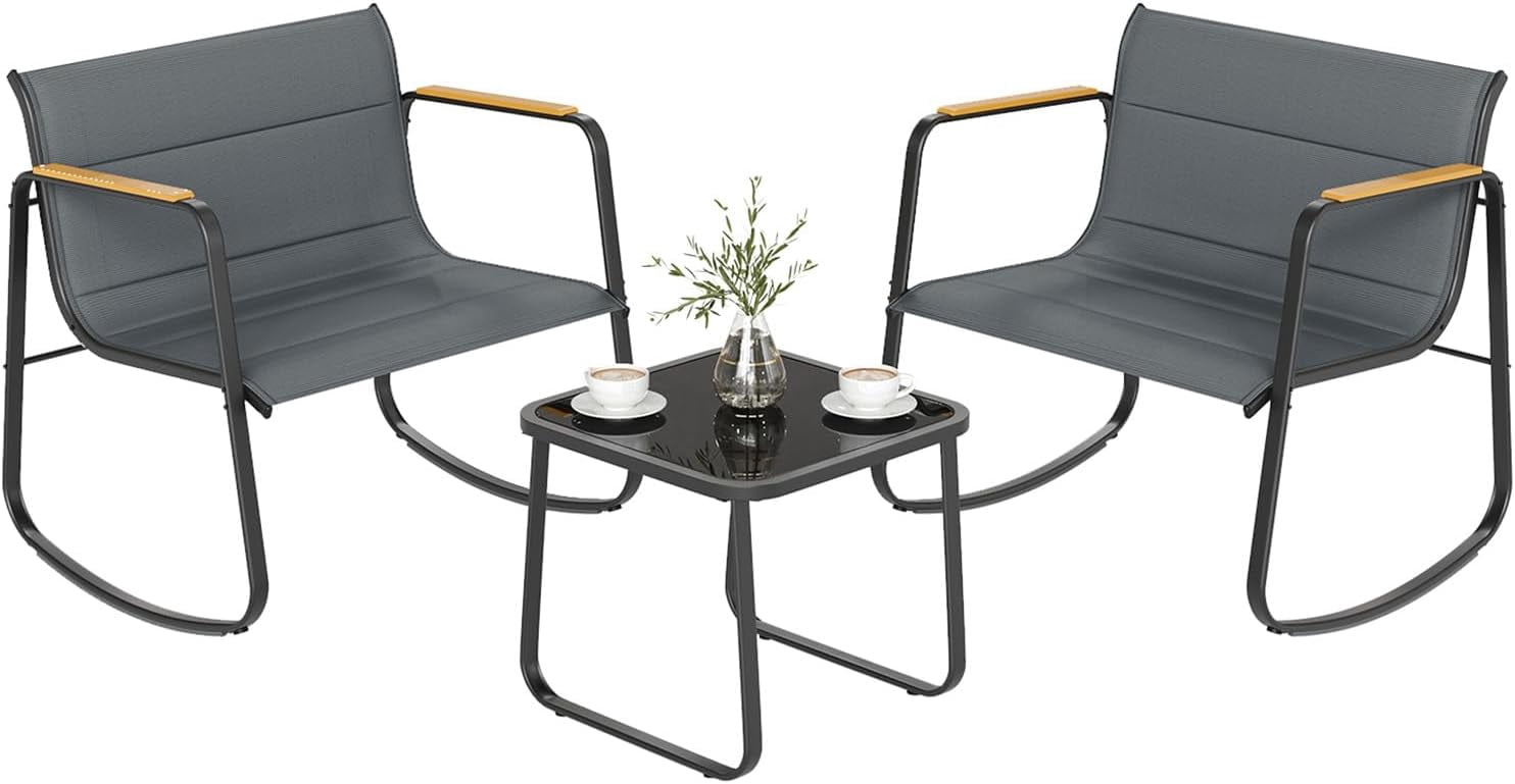 3 Piece Patio Bistro Set, Outdoor Furniture Sets with Rocker Chairs and ...