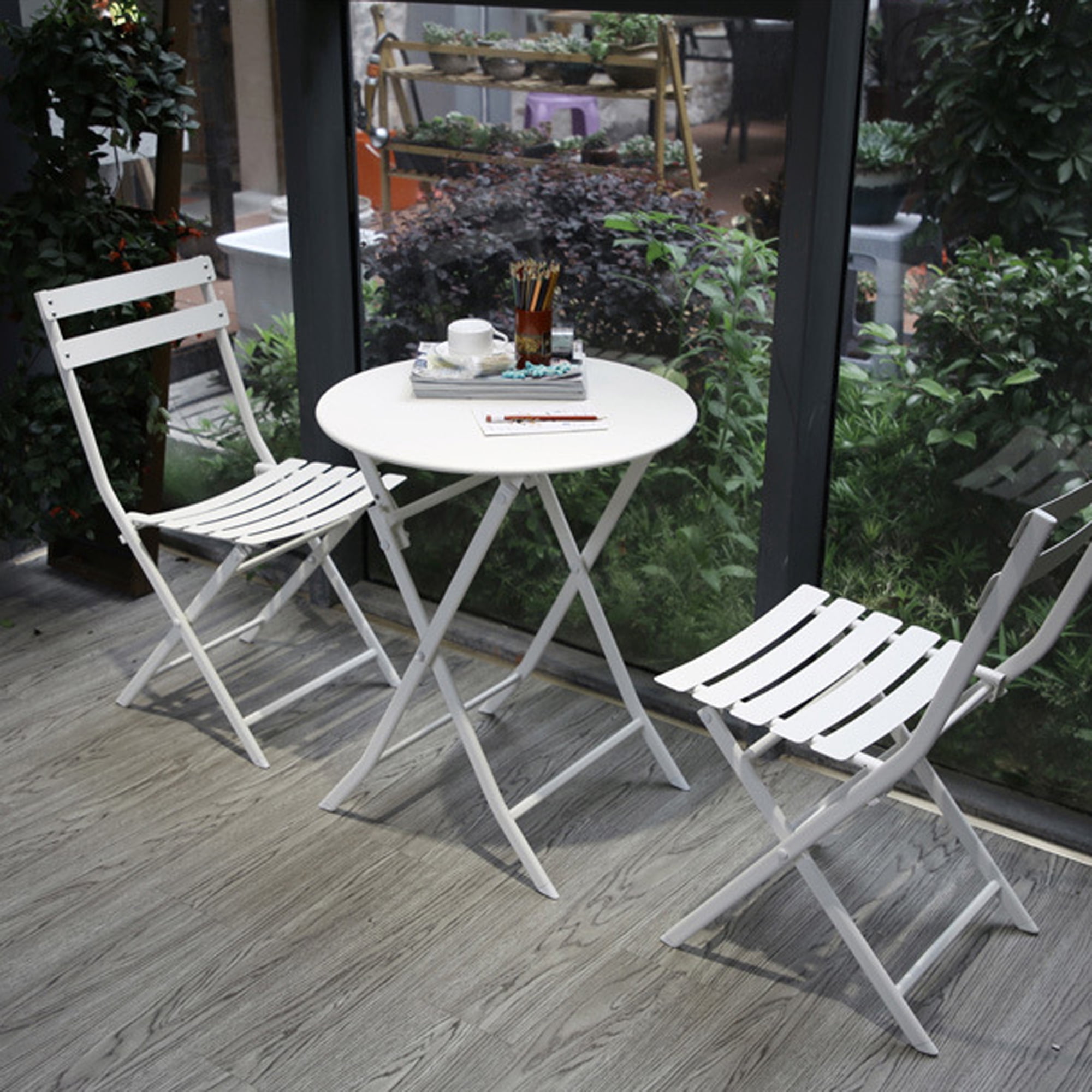3 Piece Patio Bistro Set of Foldable Round Table and Chairs, White ...