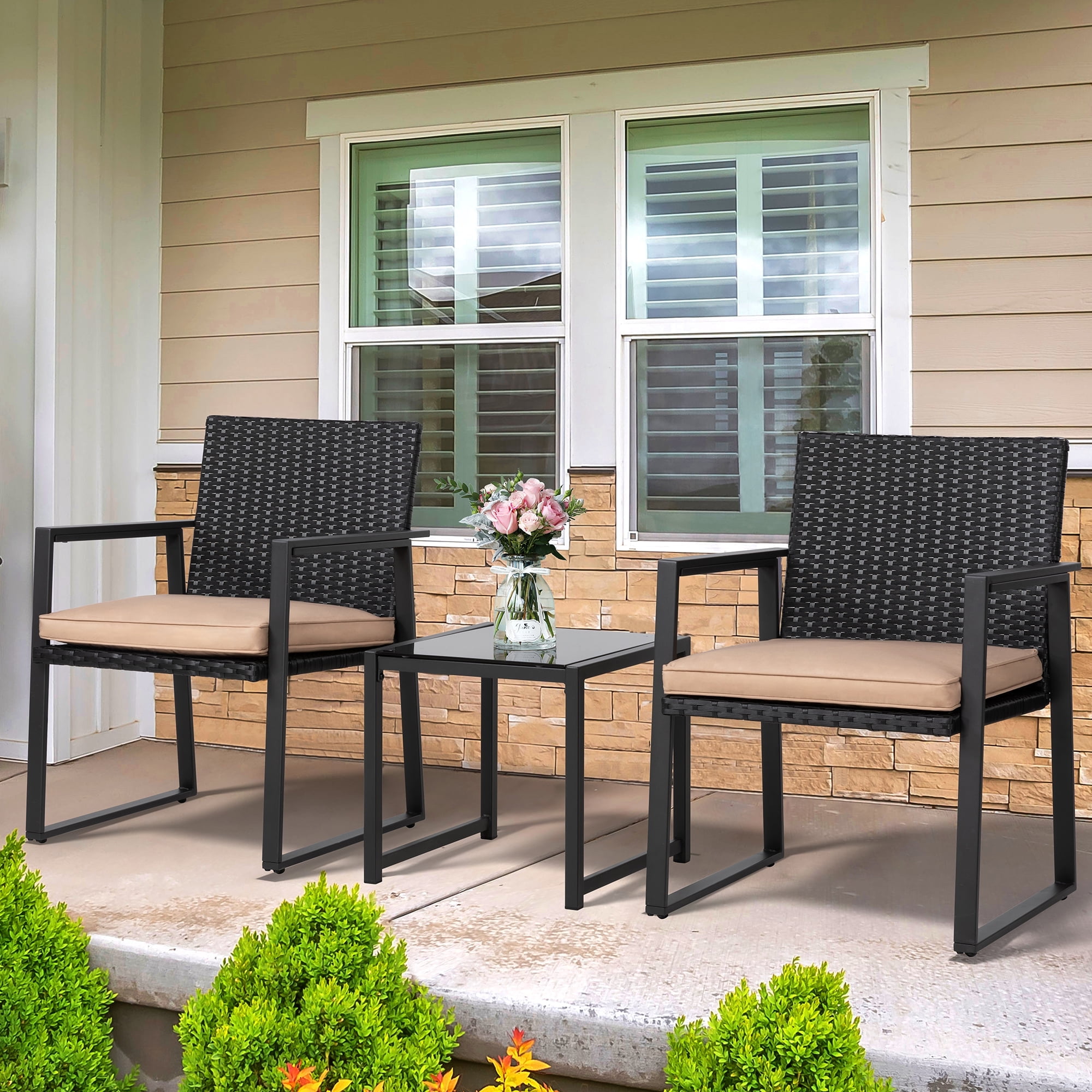 Walmart 3 Piece Balcony Patio Bistro Set, Outdoor Rattan Chairs & Black ...