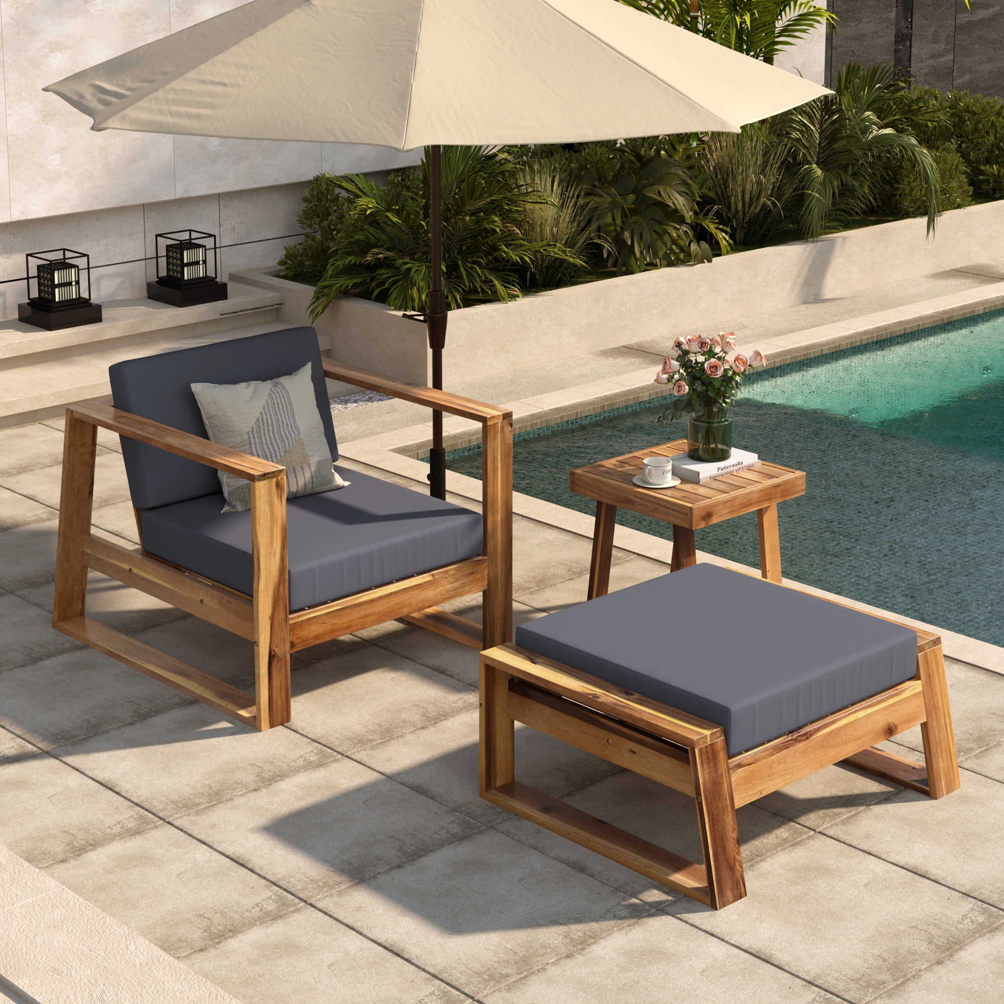 3 Piece Patio Conversation Set, Patio Furniture Set, Outdoor Acacia ...