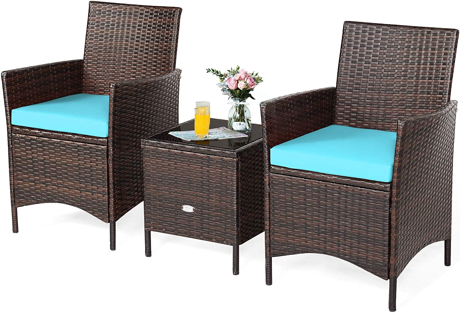 3-Piece Patio Conversation Set, Wicker Chairs with Glass Top Square ...