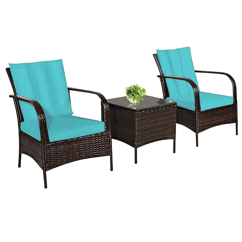 3 Piece Patio Furniture Set, 2 Wicker Chairs with Glass Top Coffee ...