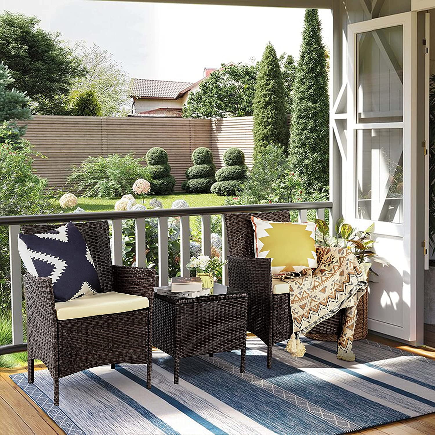 3 Piece Patio Furniture Set, Outdoor PE Rattan Wicker Chairs with Soft ...