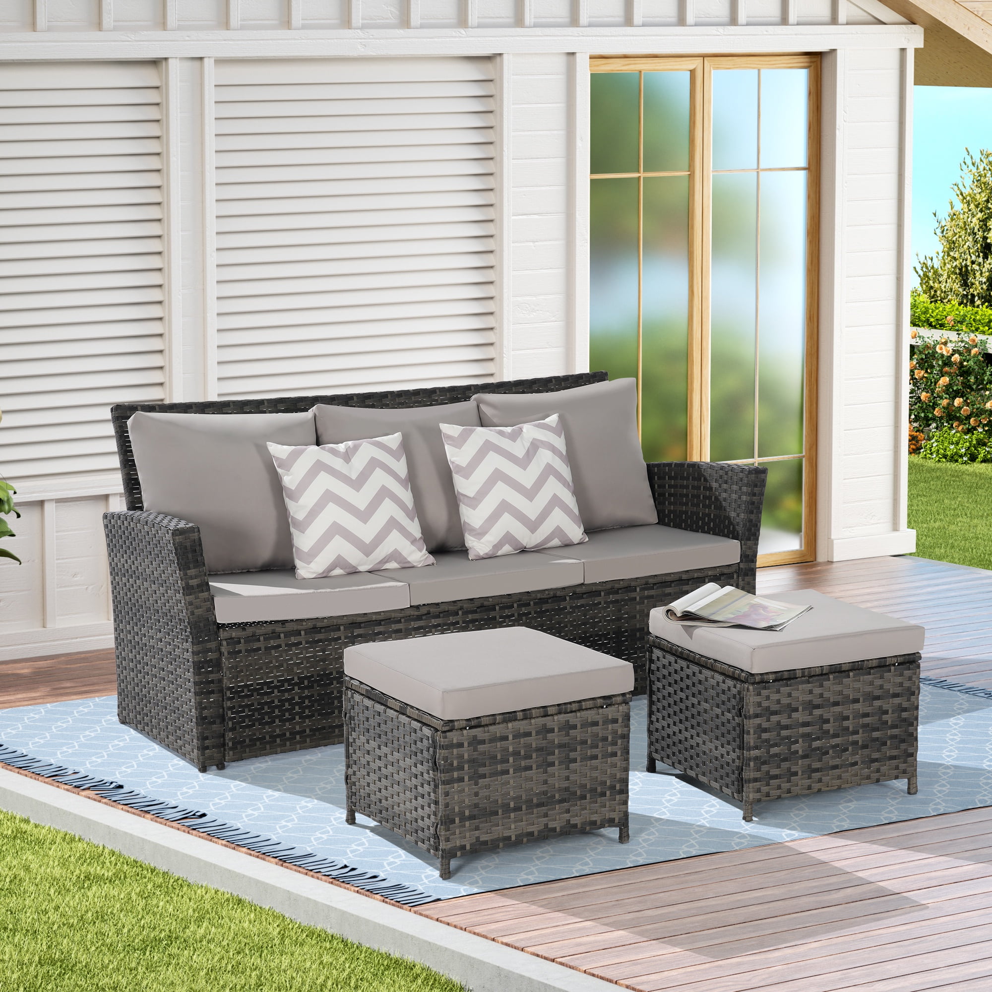 3 Piece Patio Furniture Set, Outdoor Wicker Sectional Sofa with Ottoman ...