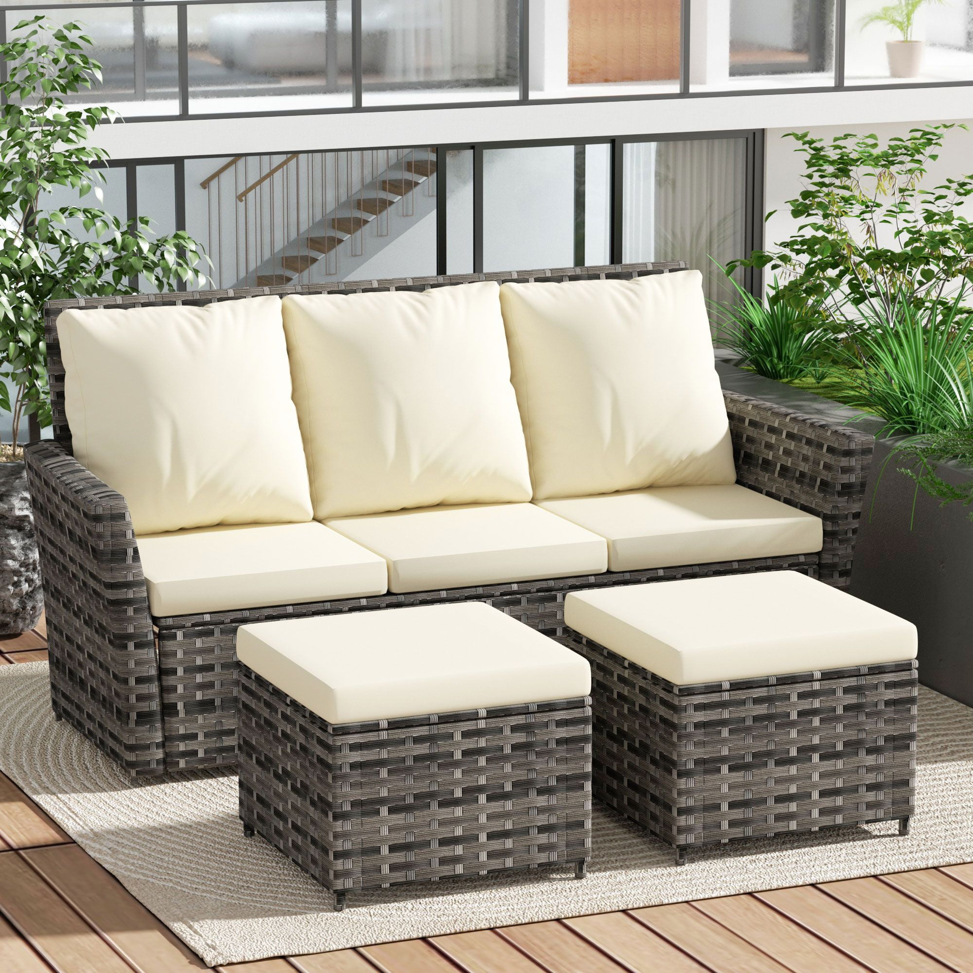 3-Piece Patio Furniture Set, Outdoor Wicker Sofa Conversation Set with ...