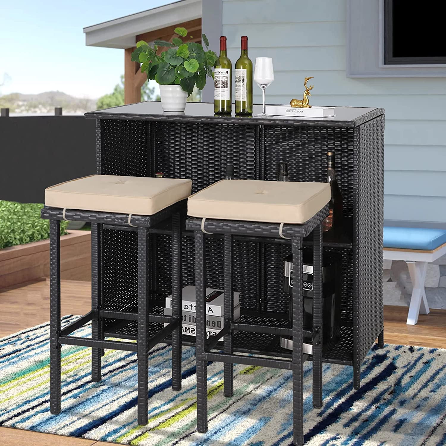 3-Piece Patio Outdoor Bar Set with Two Stools and Glass Top Table Patio ...