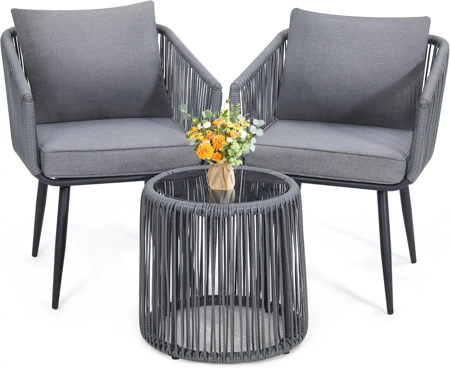 3 Piece Patio Rattan Bistro Conversation Set, Outdoor All Weather ...