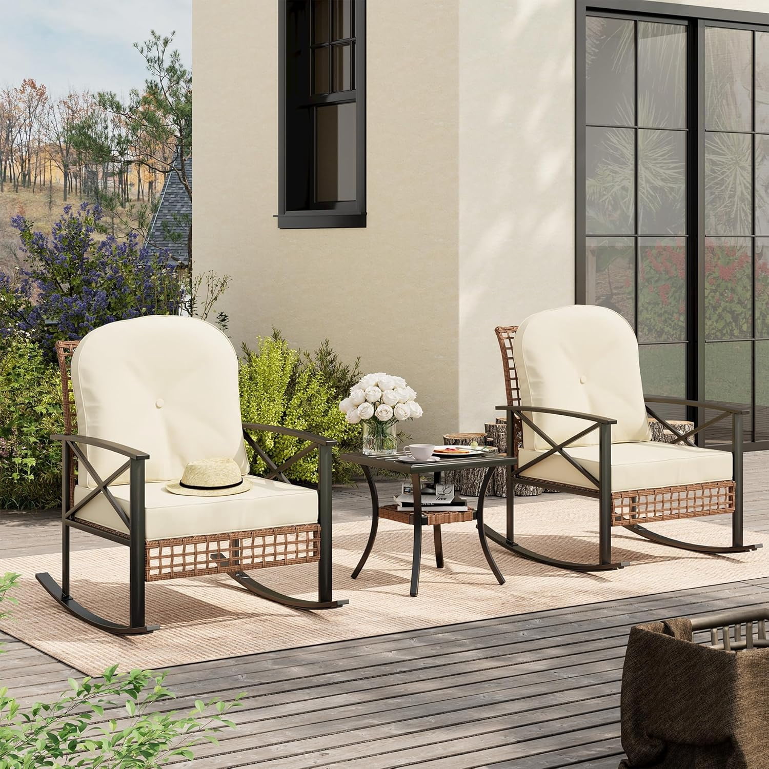 3 Piece Patio Rattan Conversation Set, Outdoor Rocking Bistro Set ...