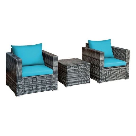 3 Piece Patio Rattan Furniture Set, Outdoor Bistro Sofa with Cushions ...