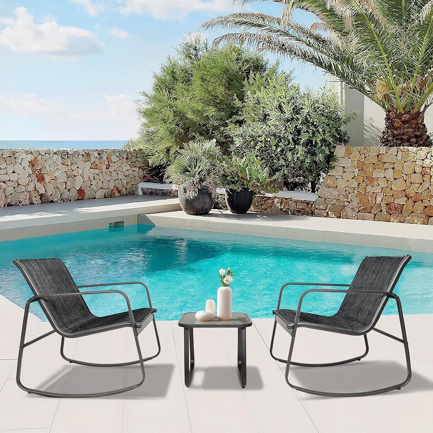 3 Piece Patio Rocking Bistro Set, Textilene Fabric Small Furniture Set ...