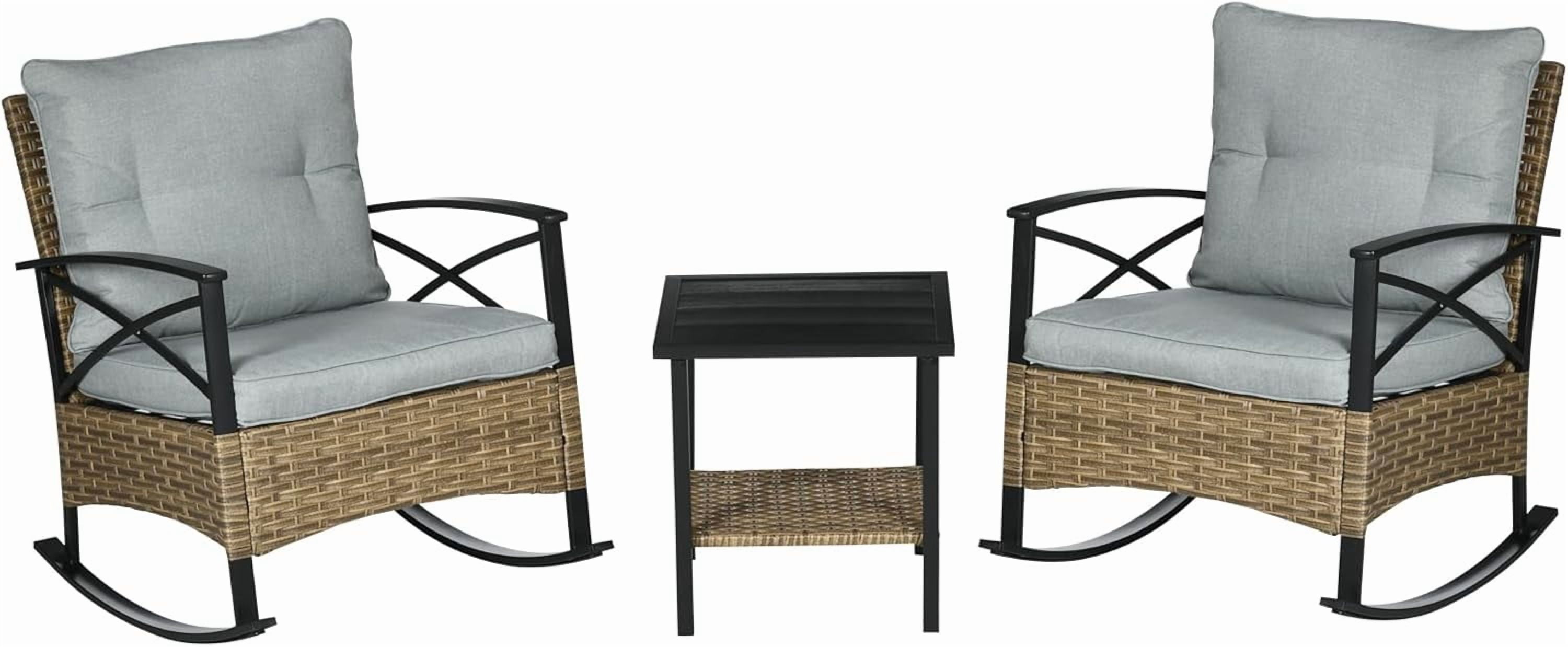 3 Piece Patio Rocking Chair Set, Outdoor Wicker Bistro Set with 2 ...