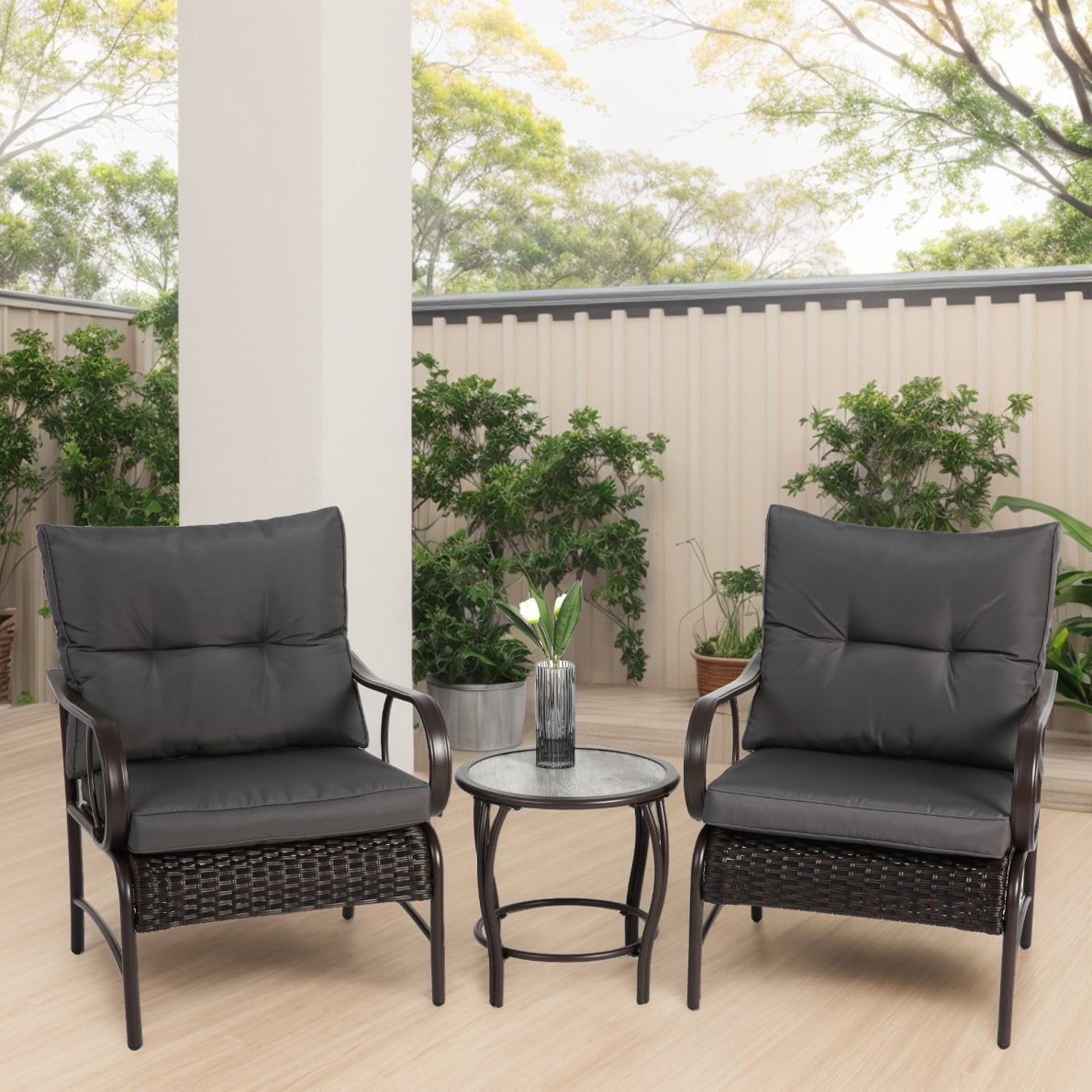 3 Piece Patio Set Modern Rattan Chair Conversation Set with Weather ...