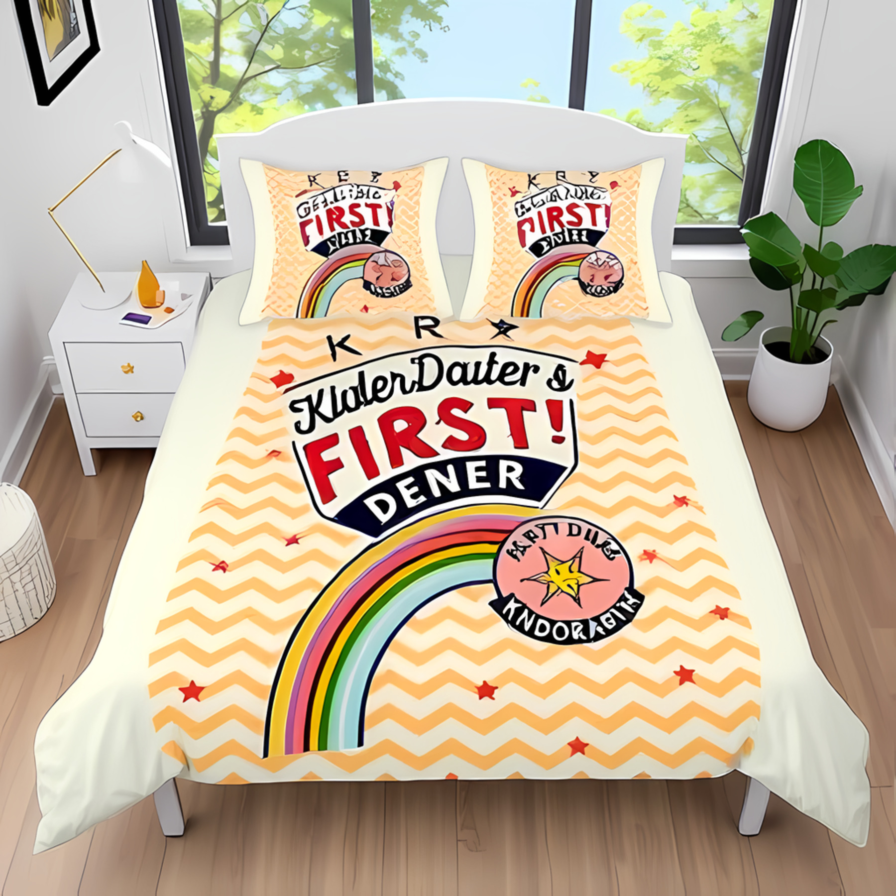 3-Piece Pattern Duvet Cover Set in Orange & Yellow with Rainbow Stars ...