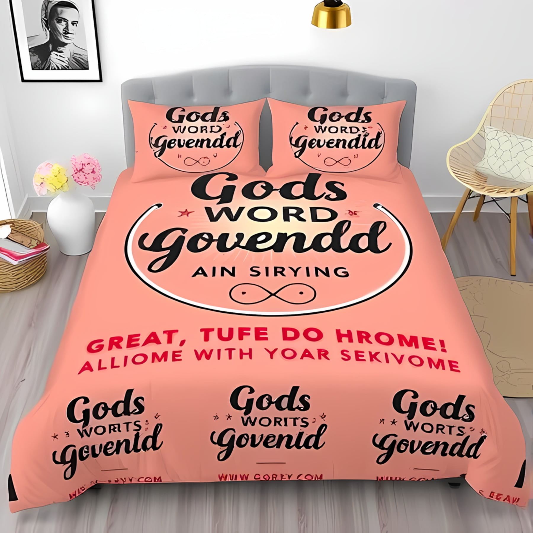 3-Piece Peach Comforter Set with Bold Typography - Modern Bedding with ...