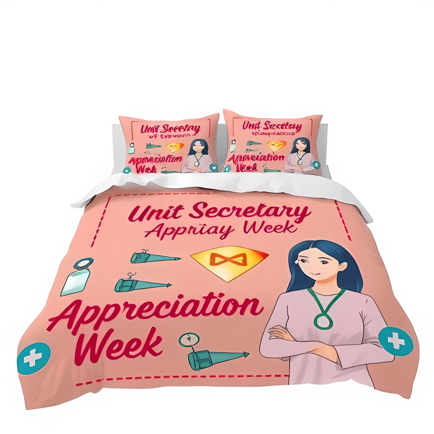 3-Piece Peach Duvet Cover Set with Smiling Unit Secretary Design ...