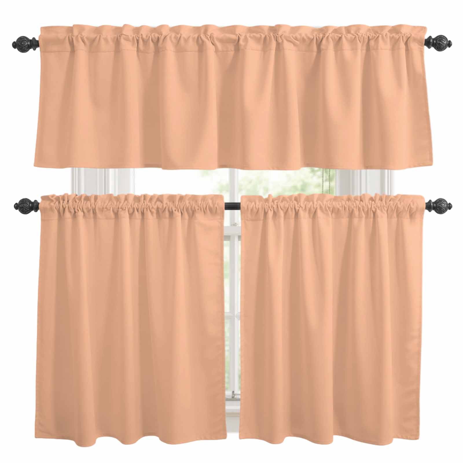 3 Piece Peach Fuzz Kitchen Curtain Valance and Tiers Set Coral Solid ...