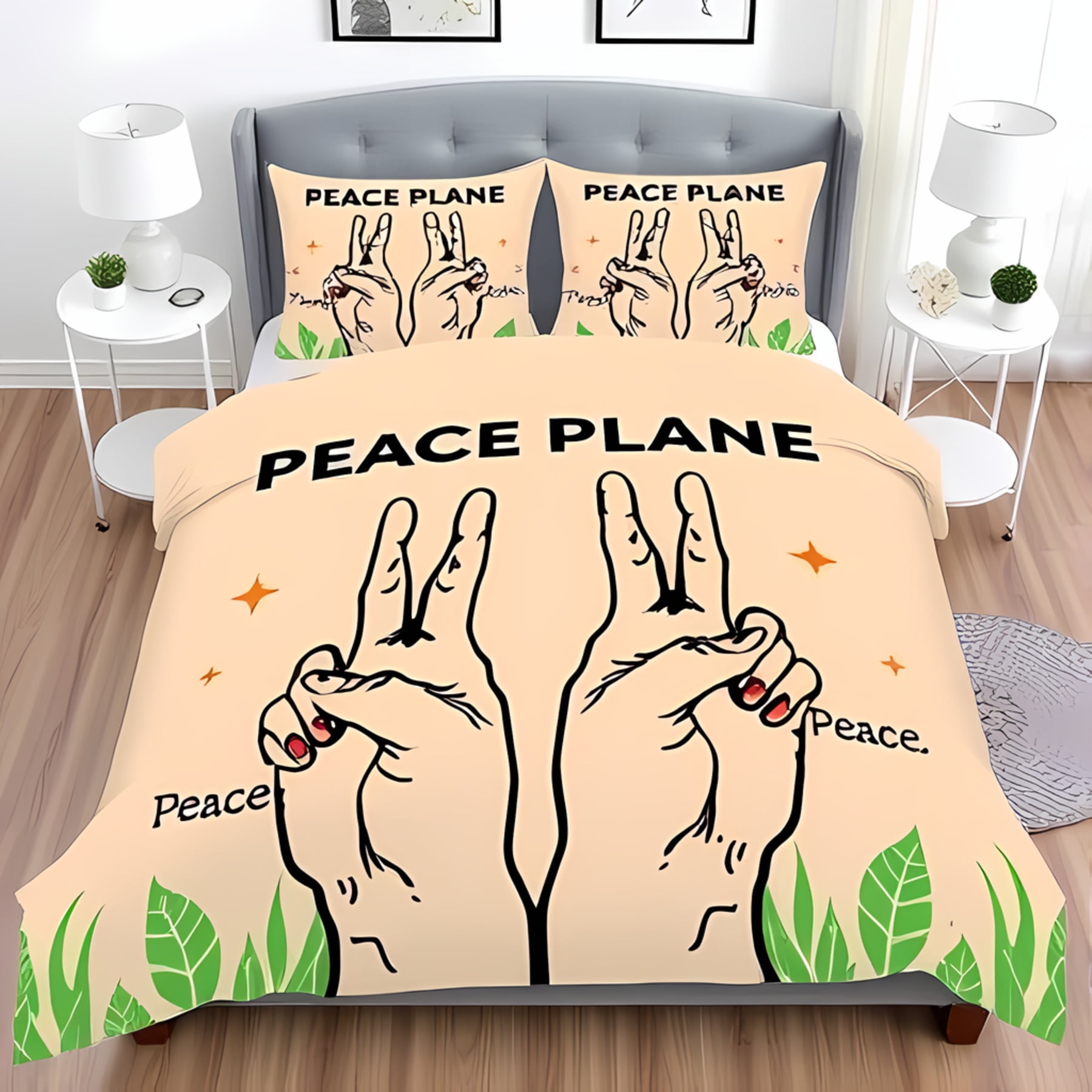 3-Piece Peach-Toned Duvet Cover Set with Peace Sign Design Black ...