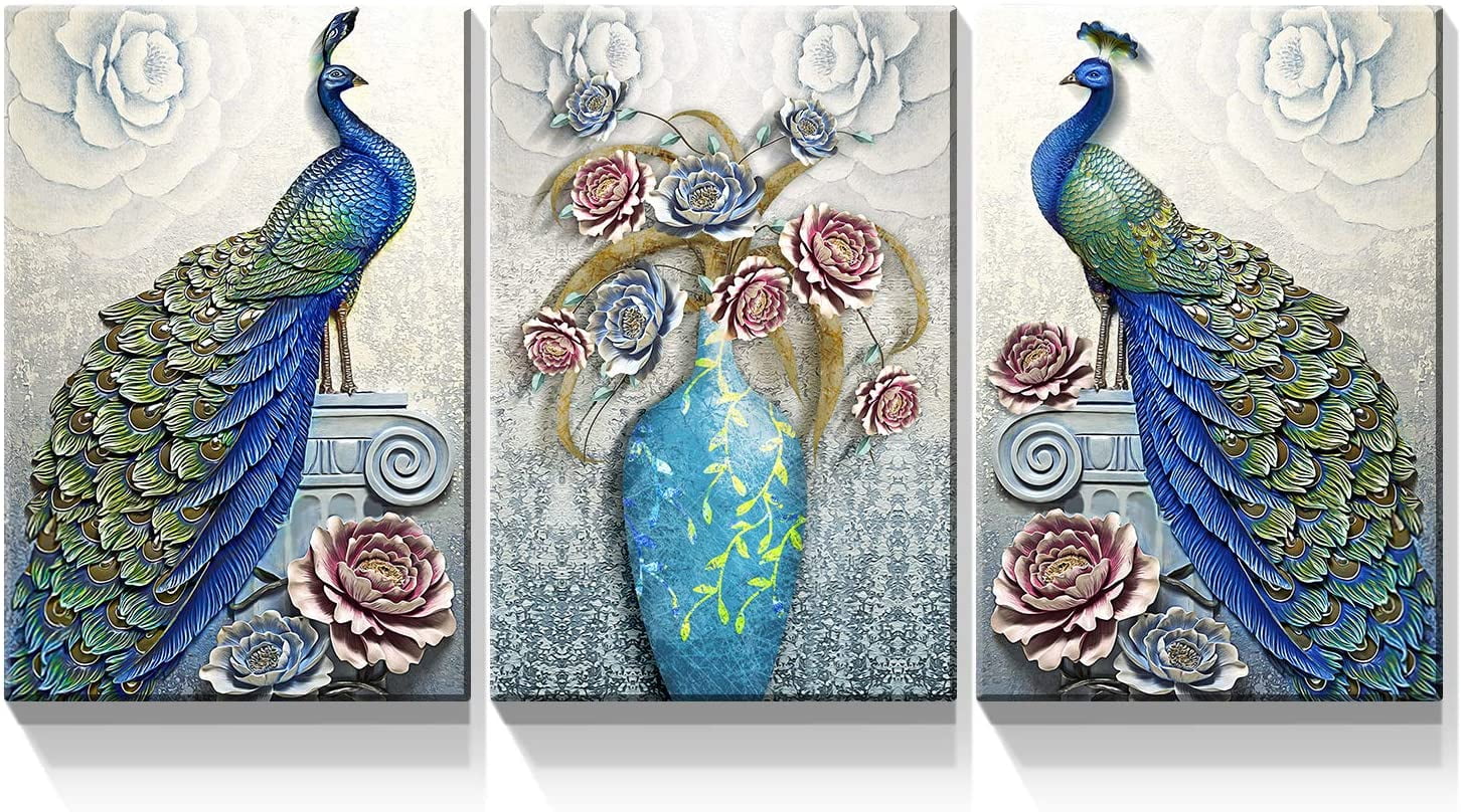 3 Piece Peacock Canvas Wall Art Paintings - Elegant Peacock and Flower ...