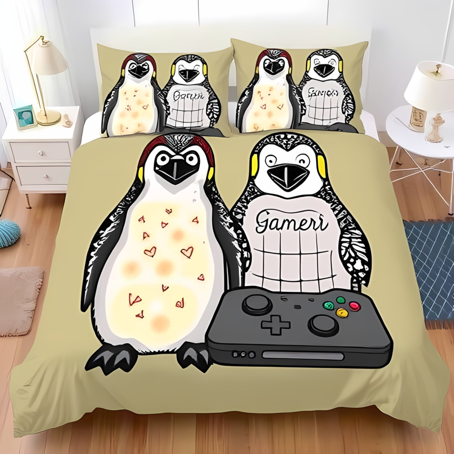 3-Piece Penguin Duvet Cover Set - Playful Cartoon Penguins with Gaming ...